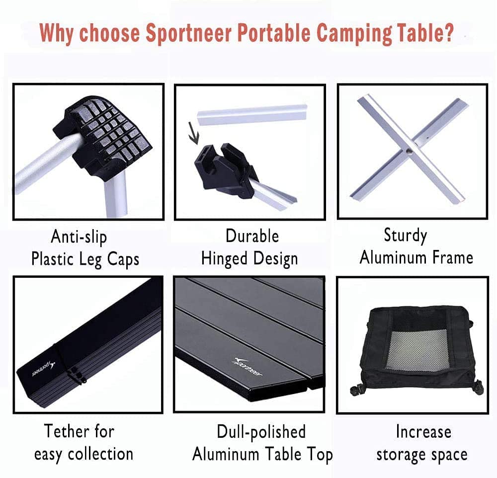 Sportneer Portable Camping Table, Folding Camp Tables Lightweight Aluminum Table Top with Mesh Bag Camping Size Table Perfect for Camping Cooking Tailgating BBQ Hiking Fishing Picnic Beaching, S