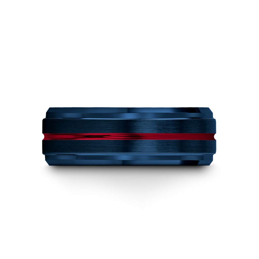 P. Manoukian Tungsten Carbide Wedding Band Ring 8mm for Men Women Blue Interior Red Center Line Step Bevel Edge Brushed Polished Comfort Fit Anniversary Size 9.5