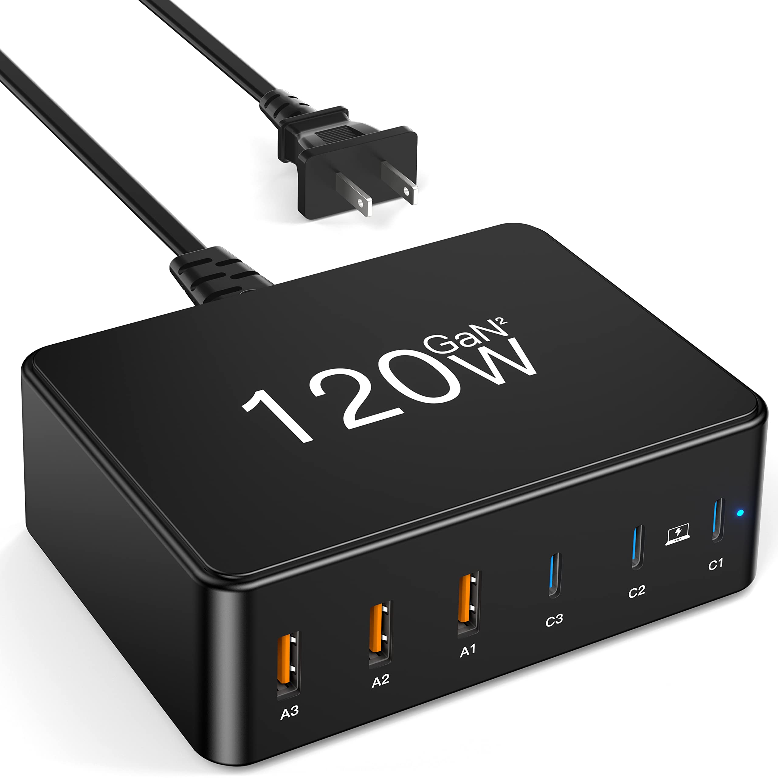 USB C Charger - 120W GaN 6 Ports USB Charging Station for Multiple Devices, USB Fast Wall Charger with 3 Type-C and 3 USB A, Multiport Power Adapter for iPad iPhone, Samsung Android Phones, MacBook