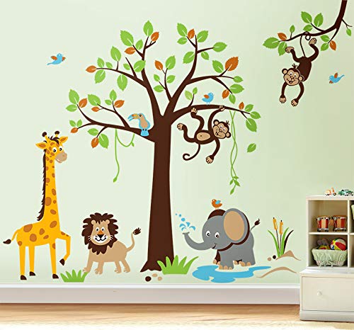 Safari Jungle Animals Tree Set Wall Decal Sticker, Nursery Kids Playroom Decor, Monkey Giraffe Elephant Lion
