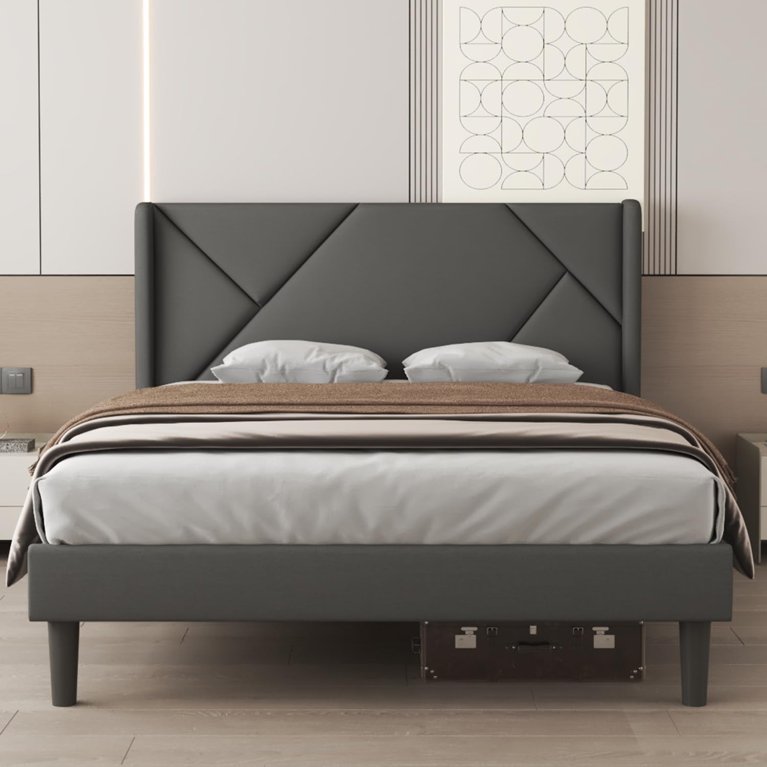 QIAYA Bed Frame Queen Size Upholstered Platform with Fabric Wingback Headboard/12 Solid Wooden Slats, Non-Slip and Noise-Free, No Box Spring Needed, Dark Gray