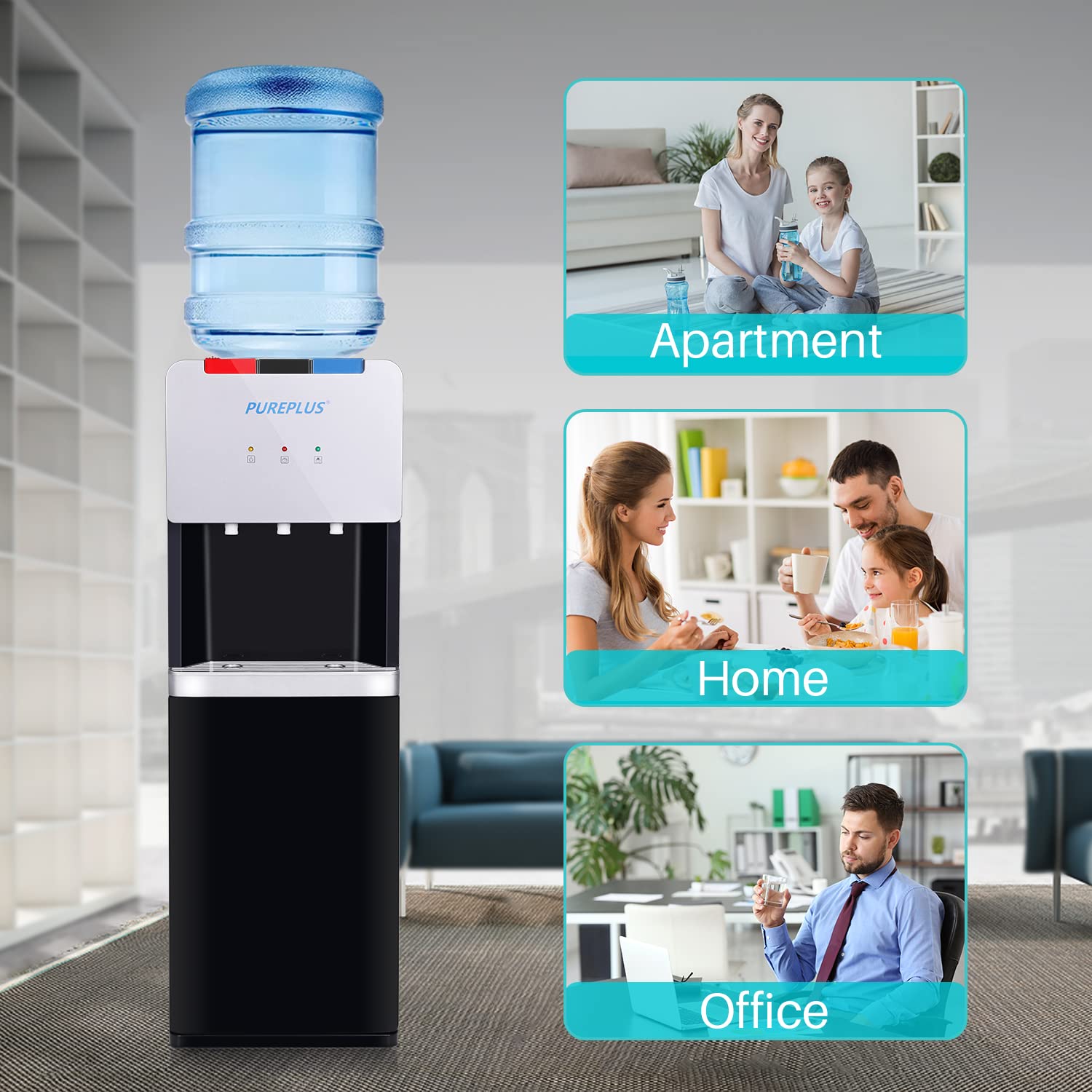 PUREPLUS Water Cooler Top Loading Water Dispenser, Hot Cold & Room Temperature Water, Child Safety Lock, Holds 3 or 5 Gallon Bottles, Compression Refrigeration Technology, ETL Approved, Black