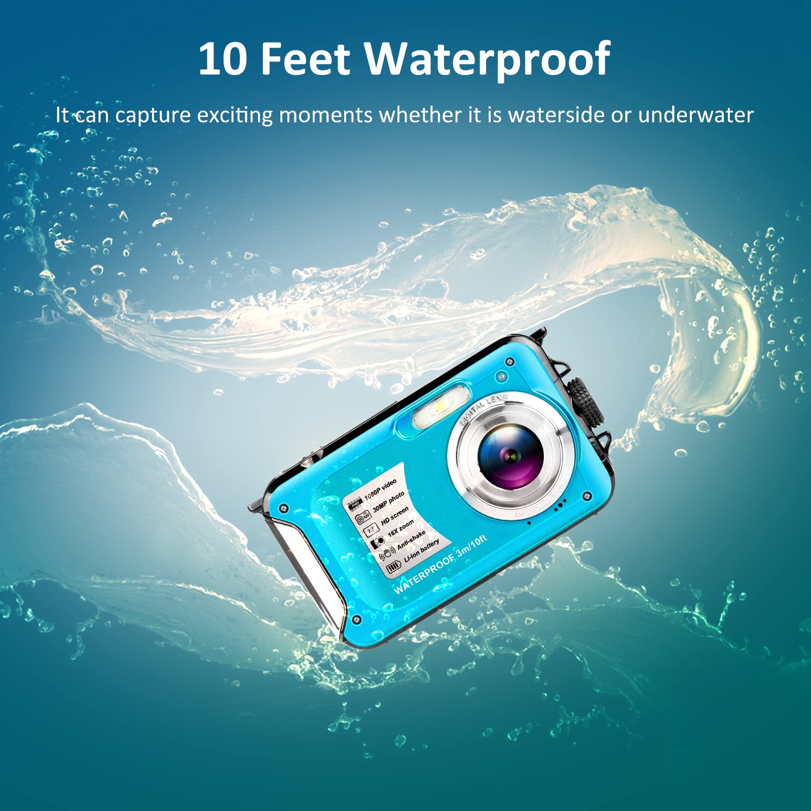 Underwater Camera Waterproof Camera 30 MP Full HD 1080P Video Recorder 16X Digital Zoom 10 FT Waterproof Digital Camera for Snorkeling