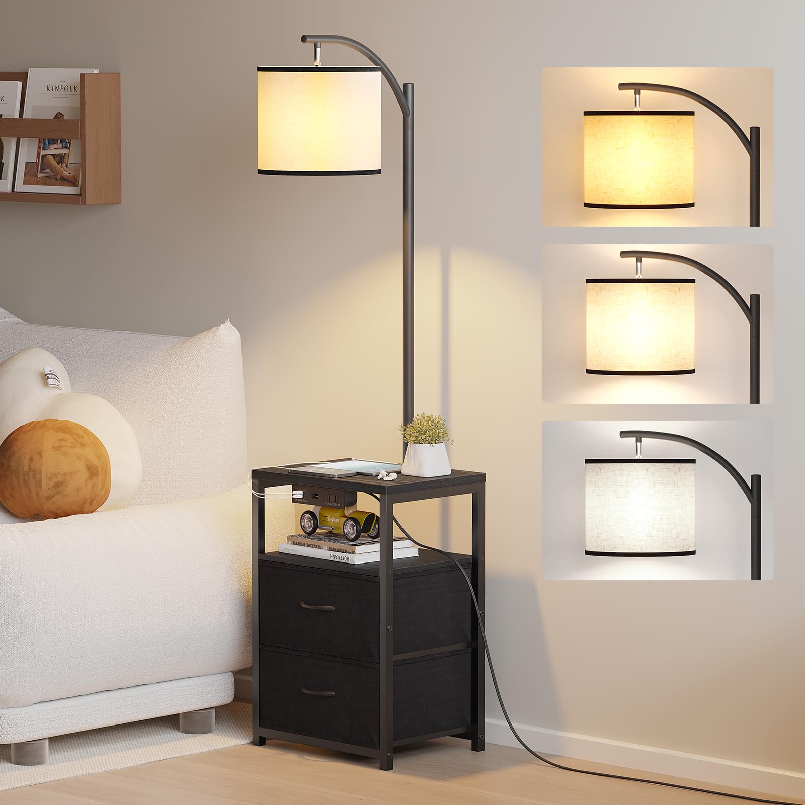SUNMORY Floor Lamp with Table & 2 Drawers, Lamp with USB Port and Outlet, Lamps for Nightstand with 3 Color Temperature Led Bulb Included, Floor Lamps for Living Room, Bedroom and Home Office, Black