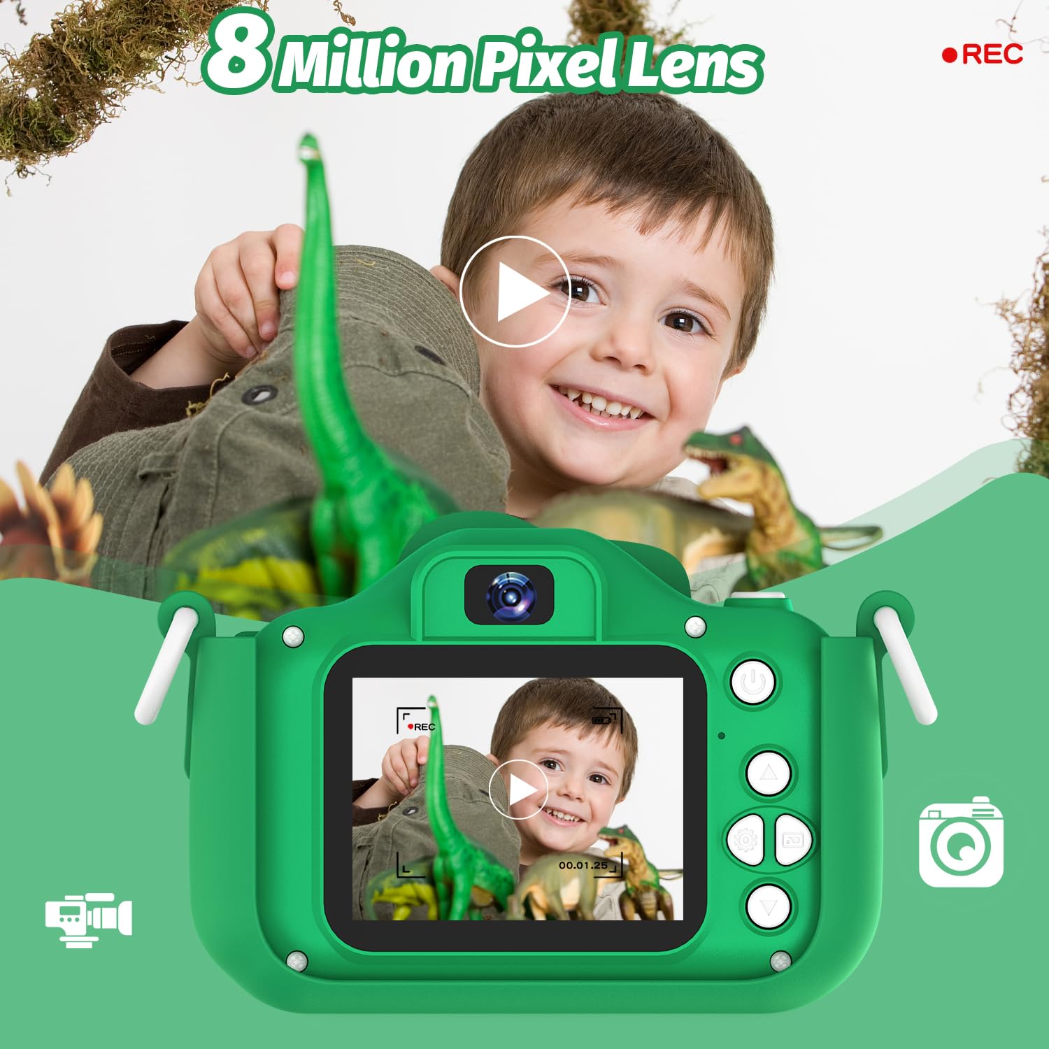 OUTUVAS Dinosaur Kids Camera for Boys, 12MP, 1080P HD Video, Rechargeable Battery, 32GB SD Card, Portable Lanyard, Educational Games, Green, 3-12 Years
