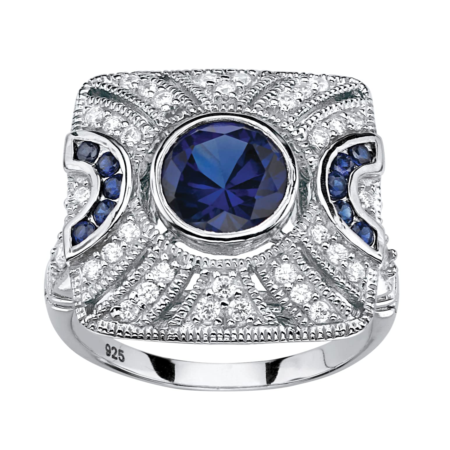 PalmBeach Jewelry Platinum-plated Sterling Silver Round Created Blue Sapphire and Cubic Zirconia Art Deco Style Ring Sizes 6-10 Size 6