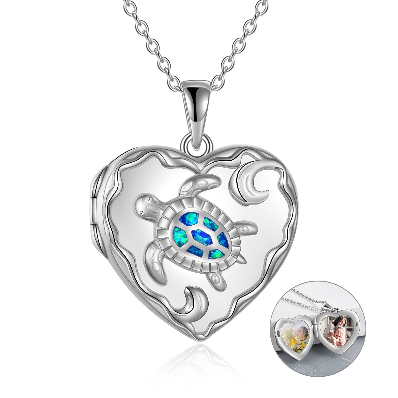 WINNICACA Sea Turtle Necklace for Women, Sterling Silver Heart Locket Necklace with Created Opal, 18+2 inch Rolo Chain, Picture Locket Necklace for Girls, Christmas Gifts for Mom
