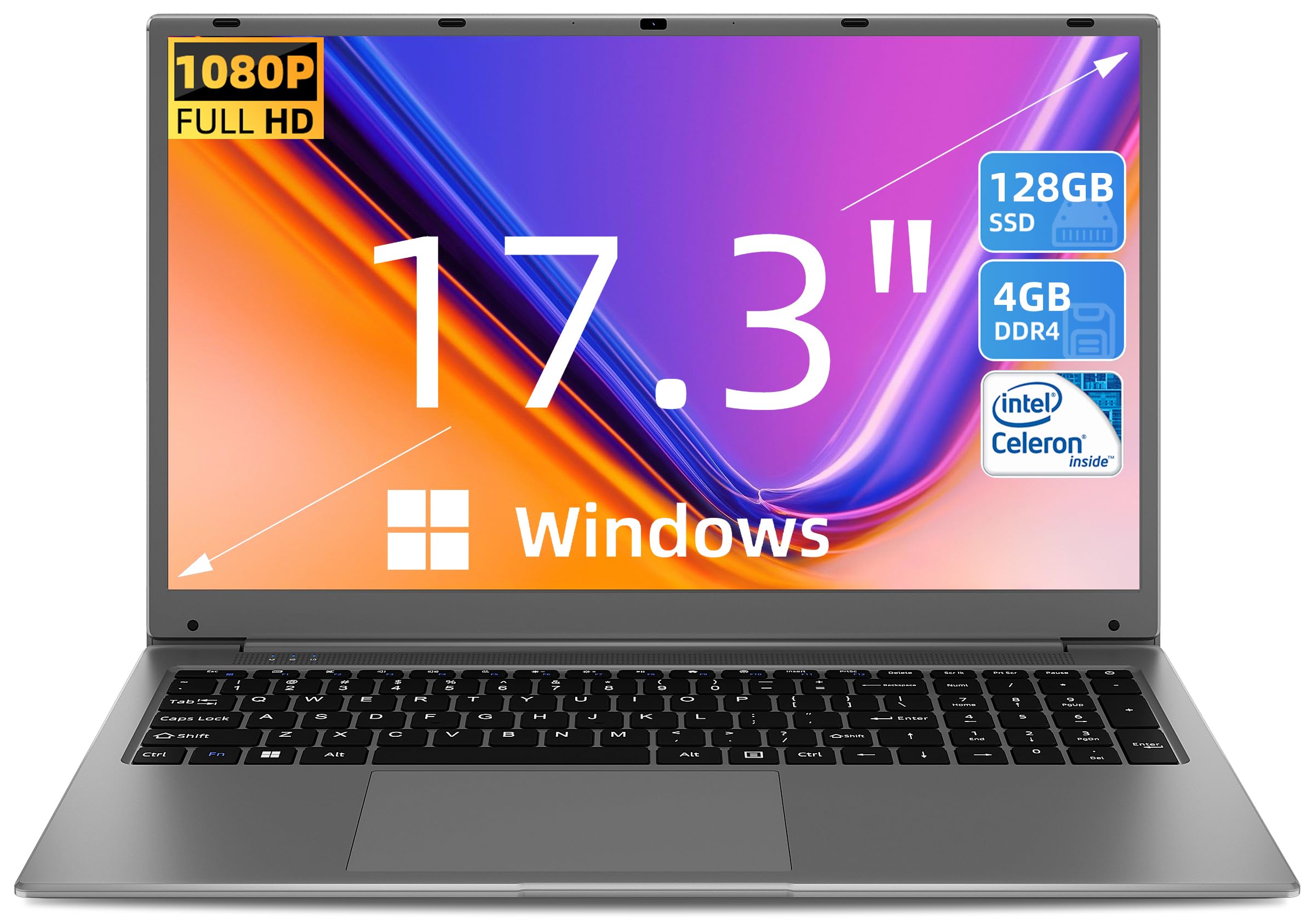 SGIN 17 Inch 1920 * 1080 IPS Display Laptop, 4GB RAM 128GB SSD Computer, Laptops with Intel Celeron Quad Core Processor, Mini HDMI, Webcam, Dual-Brand WiFi, 512GB Expansion