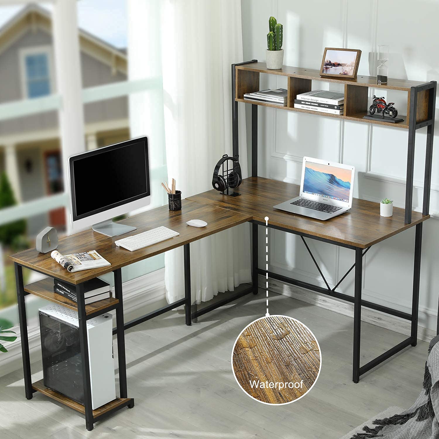 SEDETA L Shaped Desk, Reversible 94.5” Office Computer Desk, Computer Desk with Led Lights, Keyboard Tray and Storage Shelves for Home Office, Rustic Brown