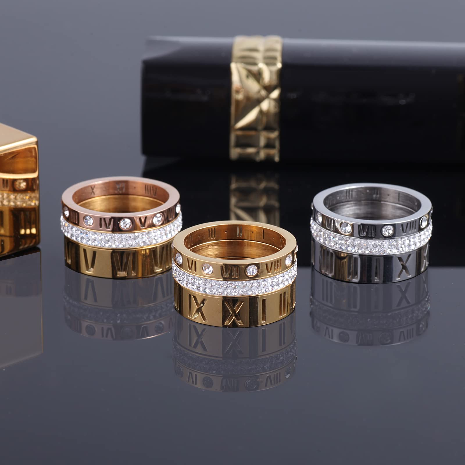 UNAPHYO Roman Numeral Stackable Rings for Women 3pcs Set Stainless Steel Cubic Zirconia Engagement Wedding Bands Stacking Ring Gold Plated Size 7