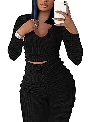 Track Suits for Women Set 2 Piece Ribbed Workout Outfit Long Sleeve Crop Top Butt Lift Legging Sets Black L