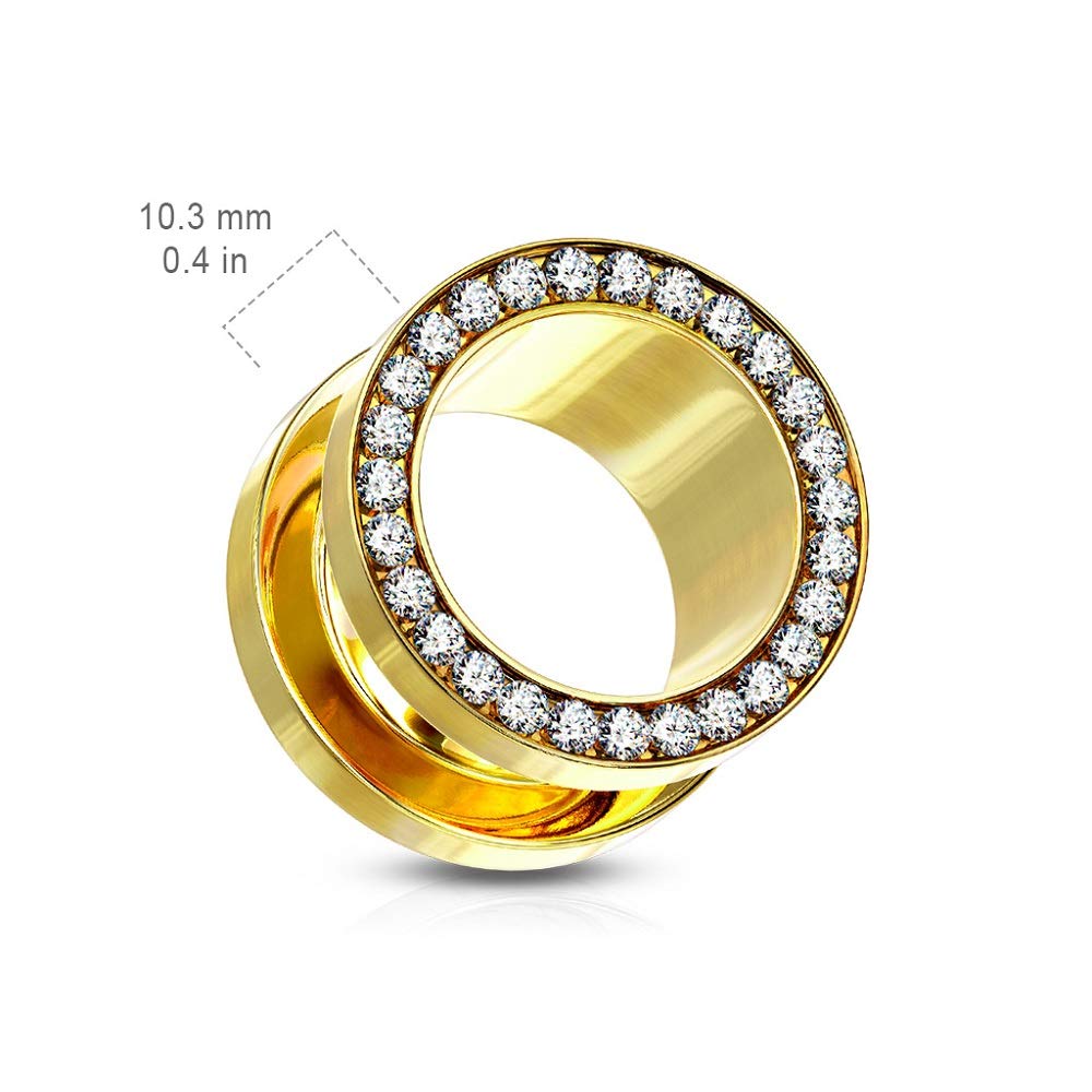 Stainless Steel CZ Crystal Lined Rim Screw Fit Tunnel Plug Gauges, Sold As Pair (Gold Tone, 19mm (3/4"))