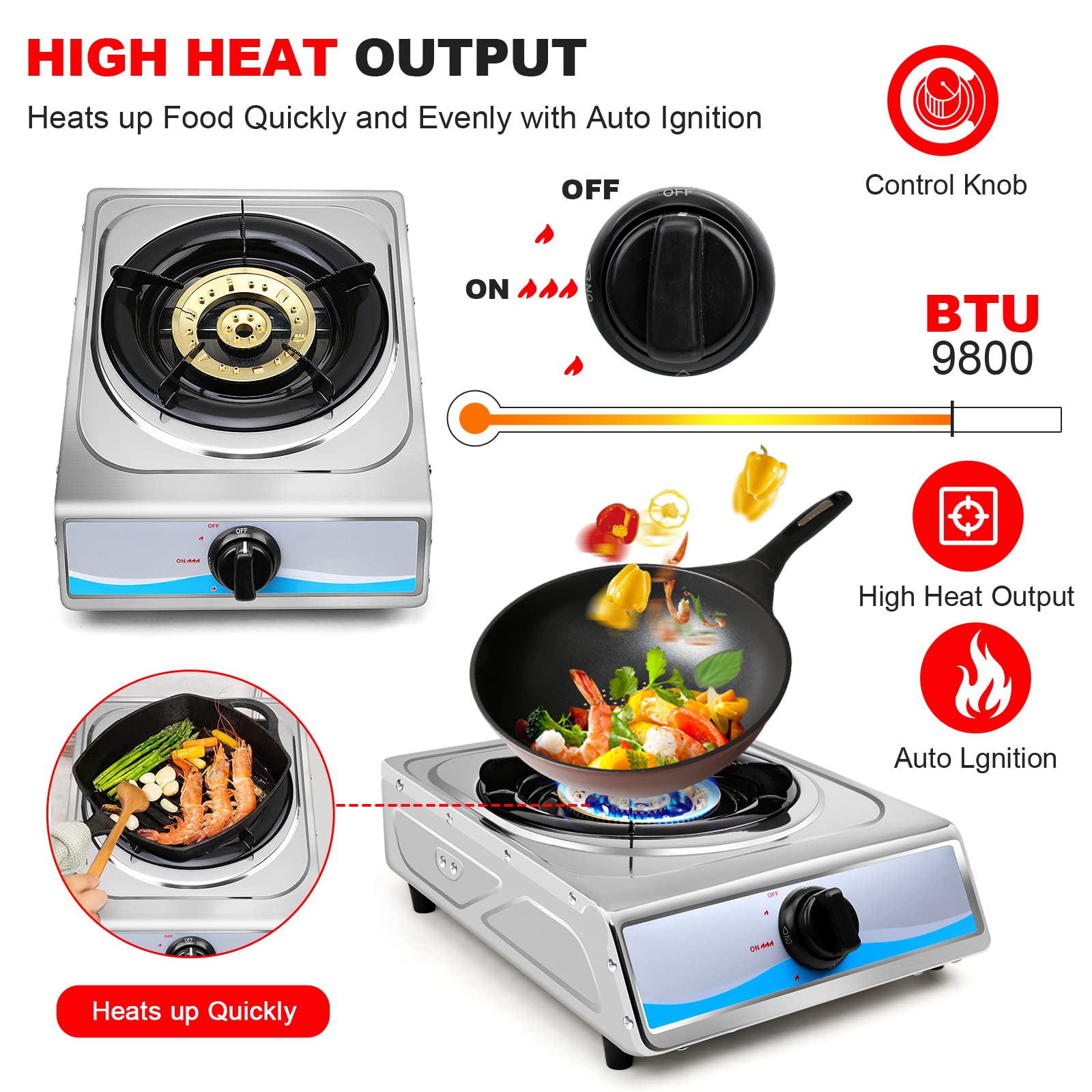 Propane Gas Cooktop,Single Burner Gas Stove Stainless Steel Portable Gas Stove,Auto Ignition Camping Single Burner LPGfor RV, Apartments, Outdoor