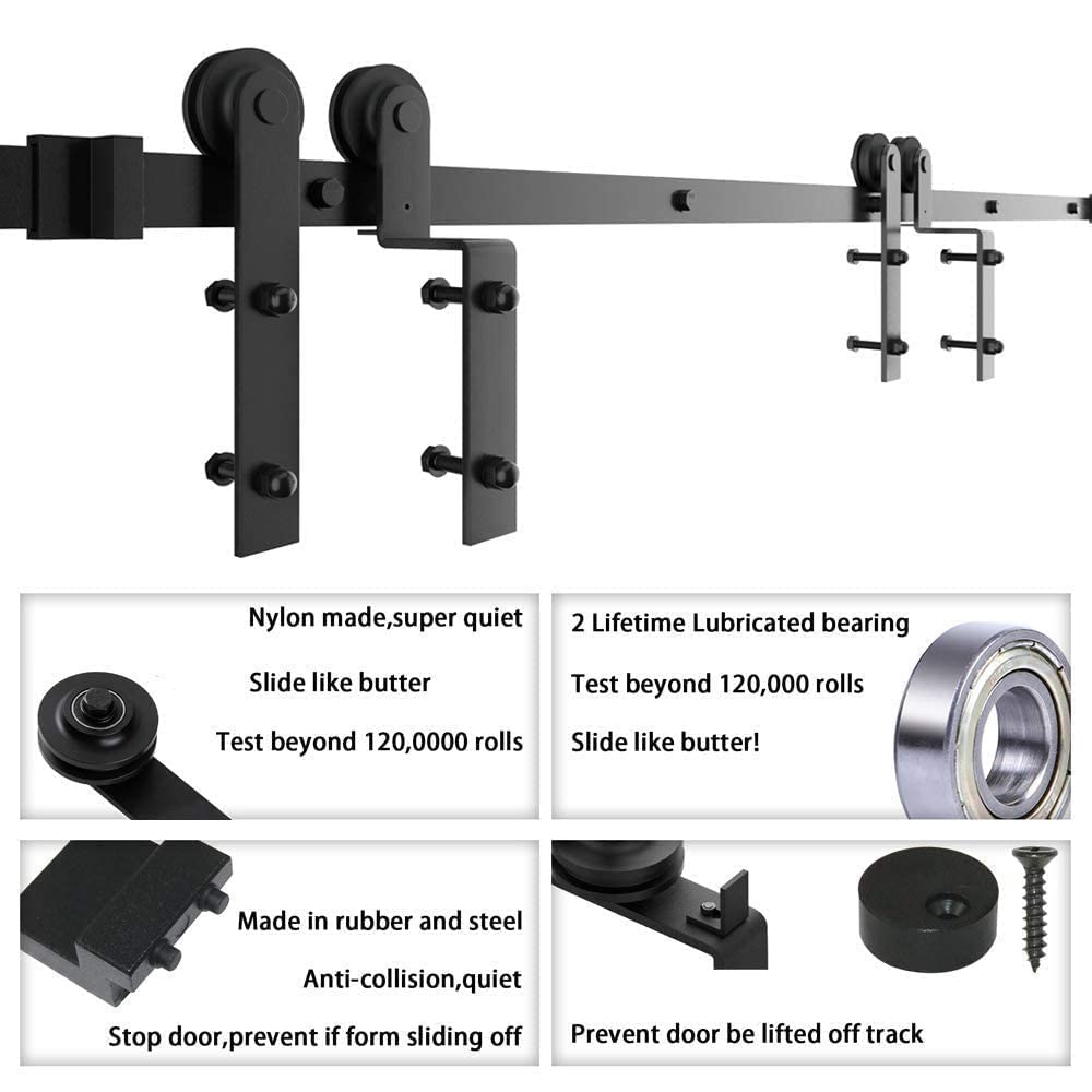 WINSOON 10FT Single Track Bypass Sliding Barn Door Hardware Kit for Double Doors with 2PCS 12 Inch Sliding Barn Door Handles Black Hardware