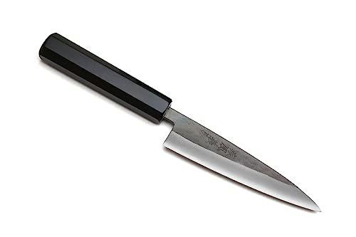 Yoshihiro Kurouchi Black-Forged Blue Steel Stainless Clad Petty Utility Knife Ebony Handle (5.3'' (135mm) & No Saya)