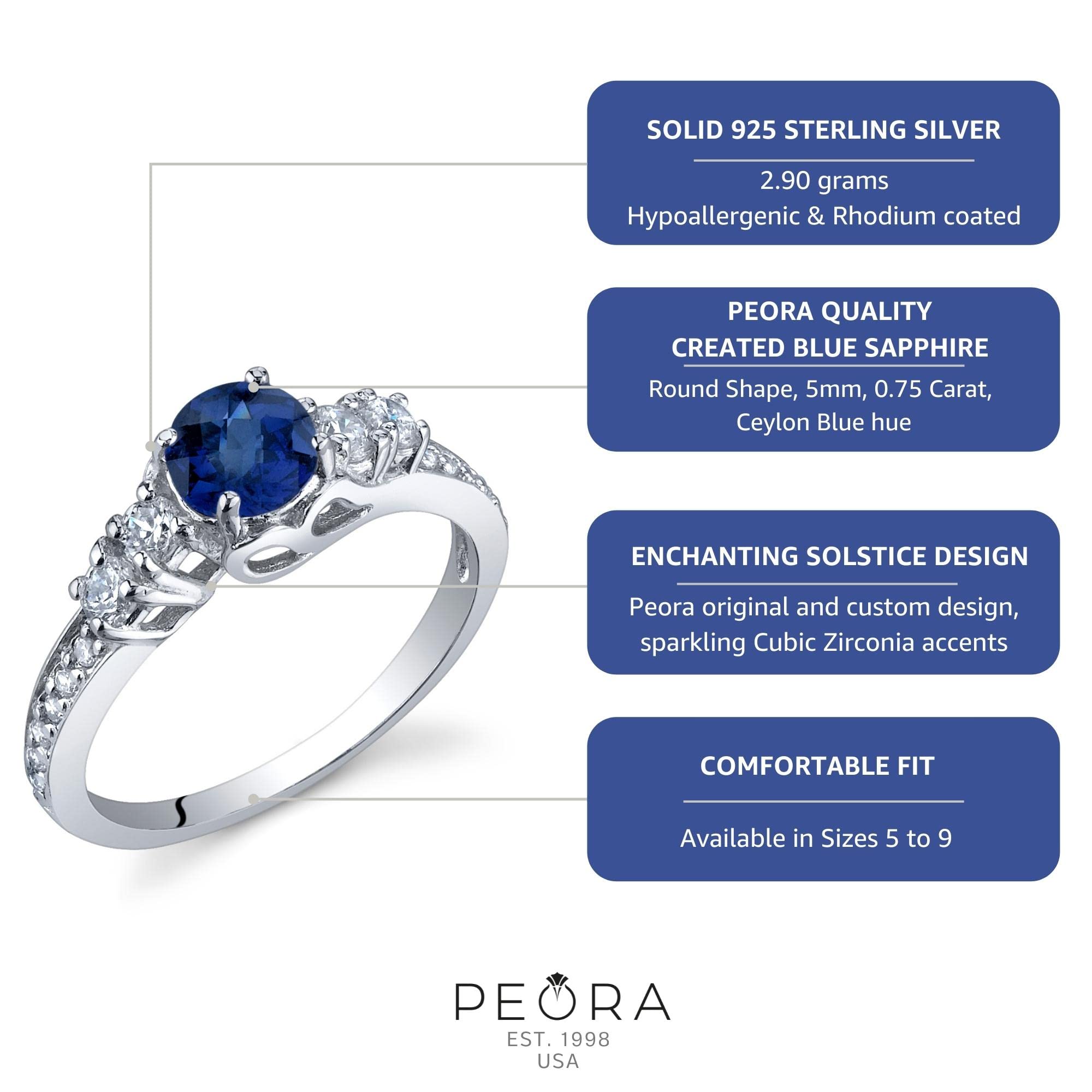 PEORA Created Blue Sapphire Women Ring 925 Sterling Silver, Enchanting Solstice Design, 0.75 Carat Round 5mm Size 6