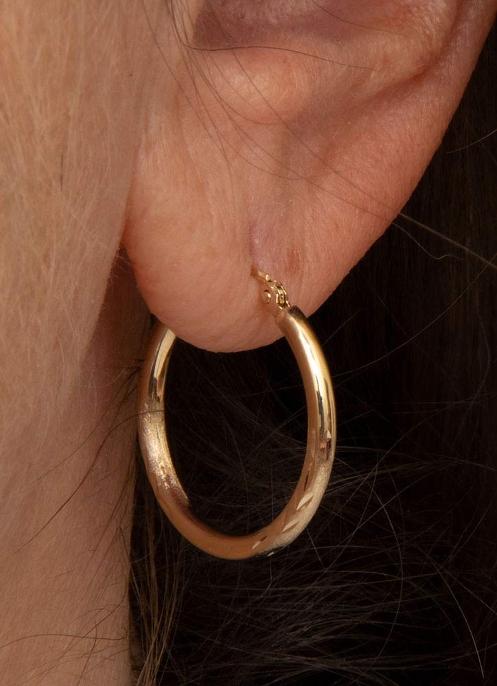 Small 14k Yellow Gold Diamond Cut Hoop Earrings with Click-down Clasp, (2mm Tube) (3/4 inch - 20mm)
