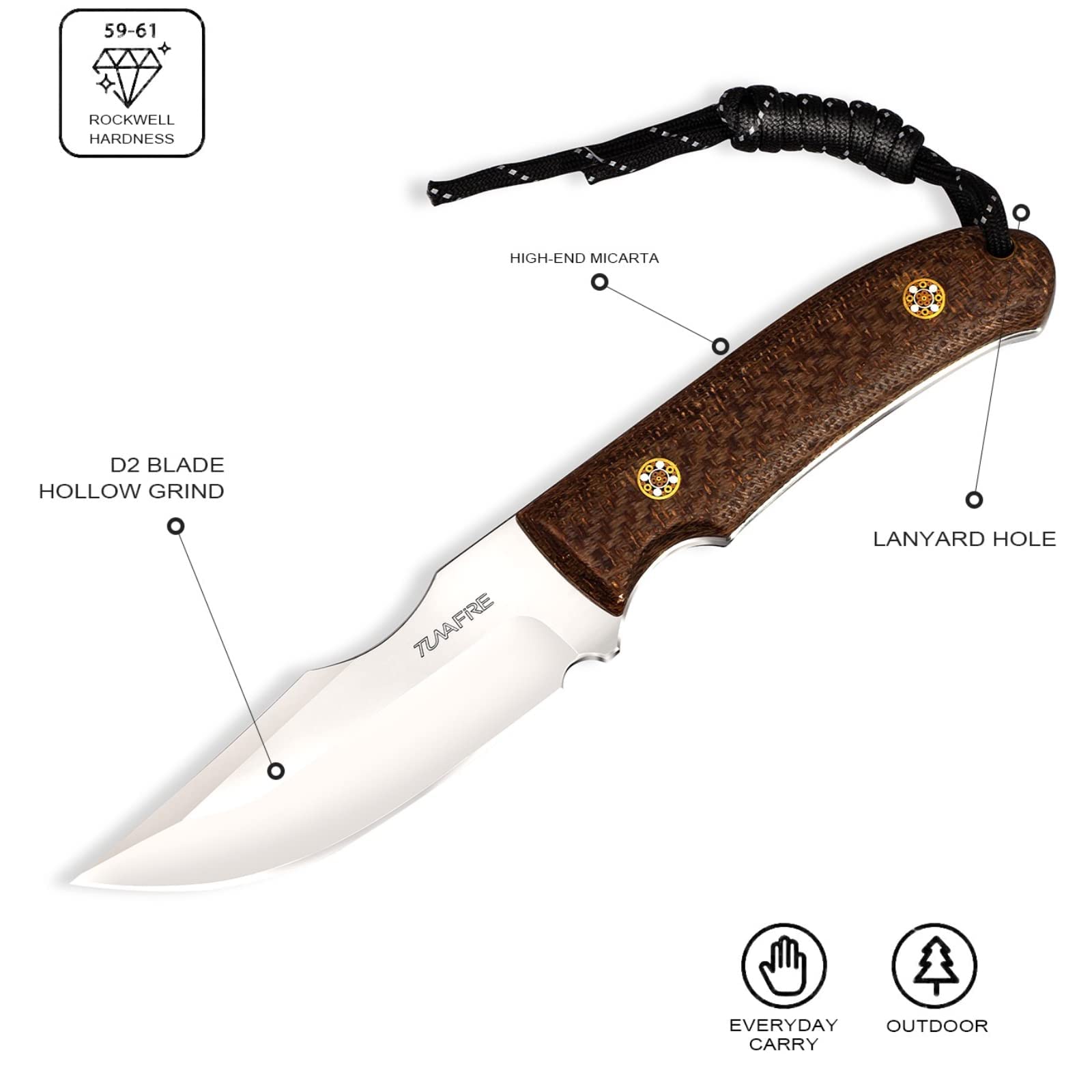 Tunafire Hunting Fixed Blade Knife,D2 Steel Blade Full Tang Knife for Men Survival Bushcraft,EDC Outdoor Camping Knife with Micarta Handle and Kydex Sheath