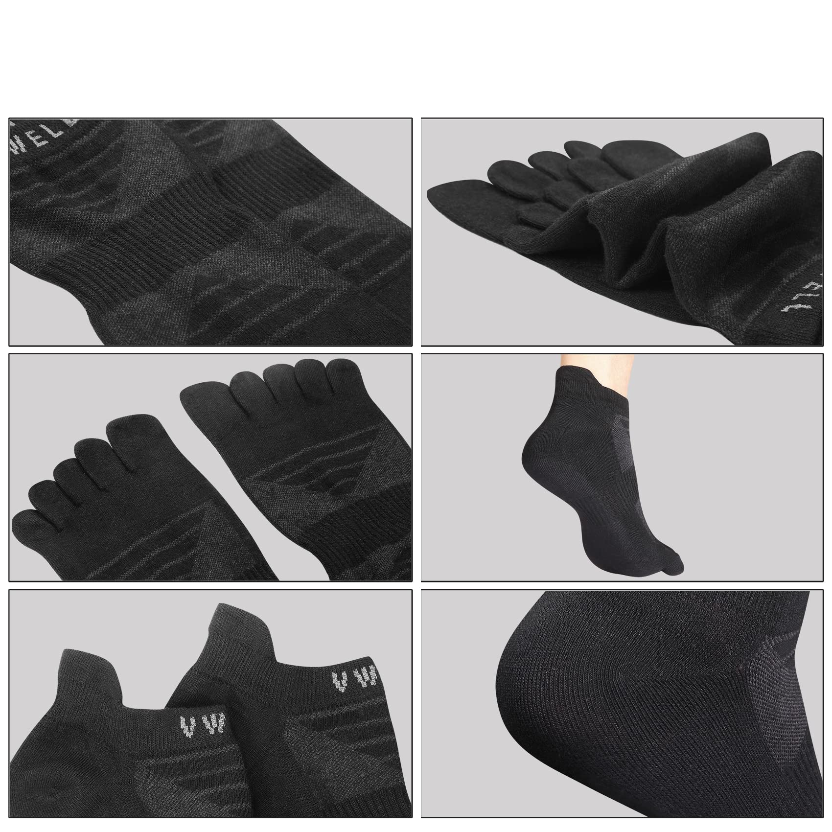 VWELL Toe Socks for Men Women Coolmax Five Socks, High Performance Finger Ankle Running 5 3 Pairs, Black, 7-10