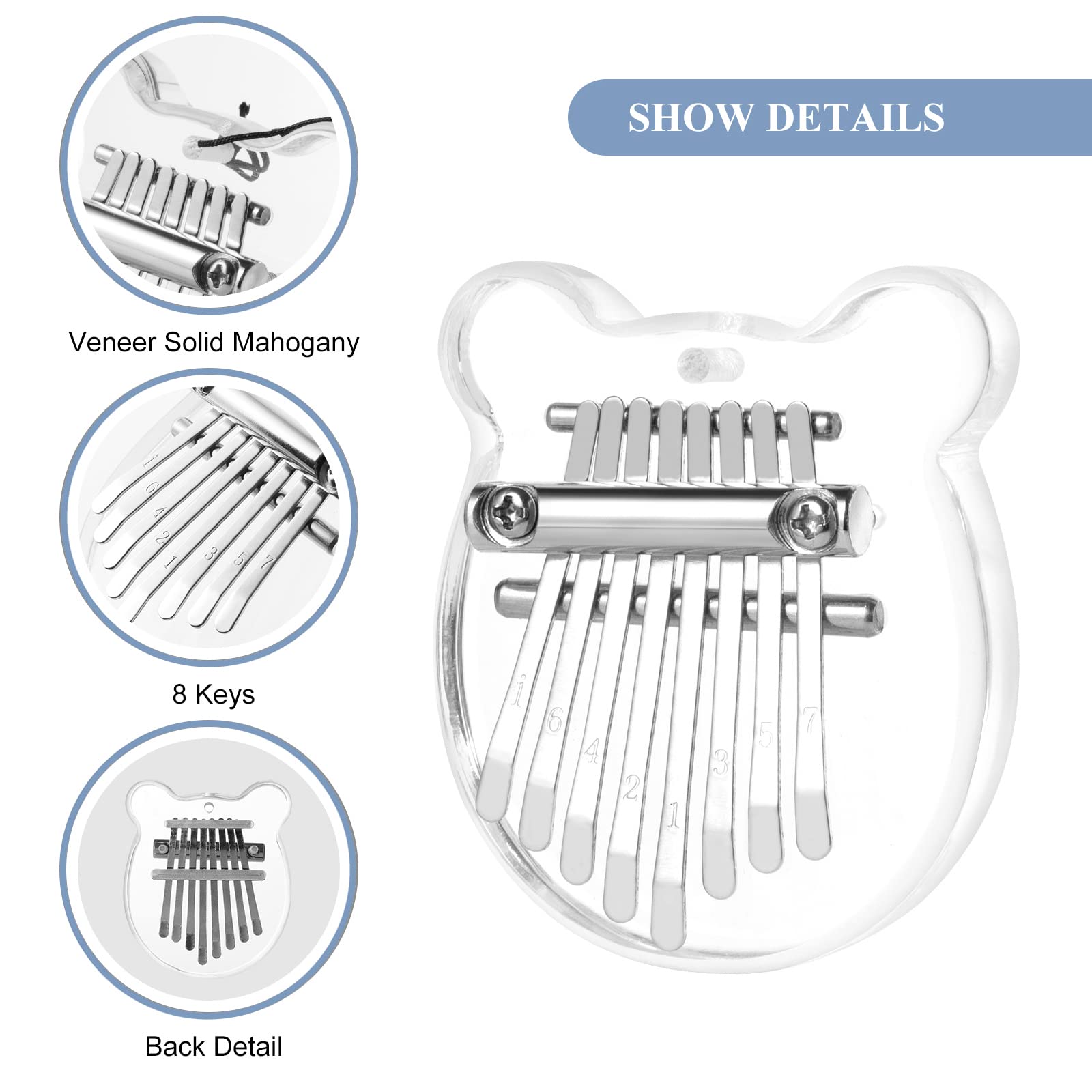 VIVP 8 Keys Mini Kalimba Thumb Piano Crystal Clear Acrylic Finger Piano Portable Marimba Musical Handmade Instruments Professional Mbira with Lanyard Chain Good Accessory Pendant Gift Easy to Learn