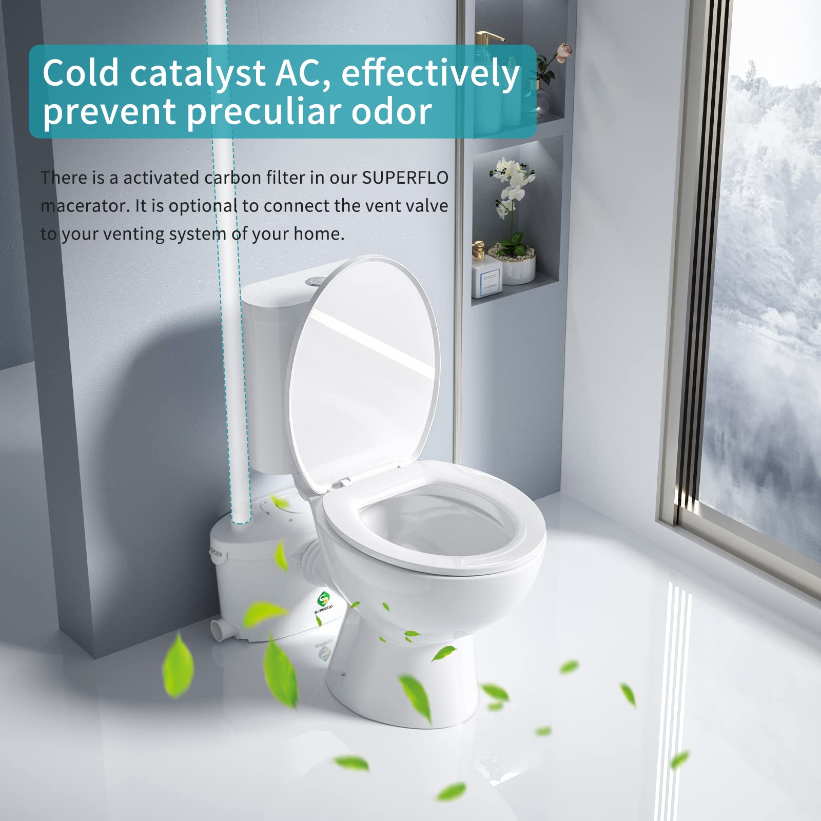 SUPERFLO Macerating Toilet System Silent & Powerful Upflush Toilet to Bathroom Sink &Tub with 600W Toilet Pump & AC Vent for Basement