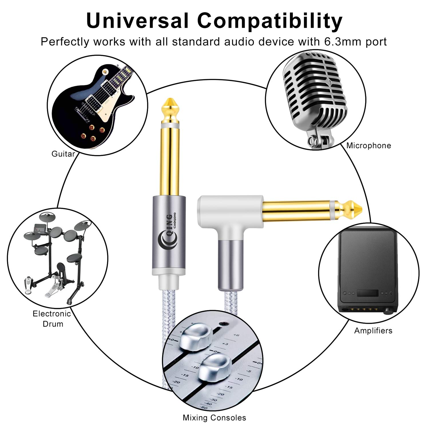 QING CAOQING Audio Instrument Cable 25ft Right Angle 1/4" Amp Cord for Bass & Electric Guitar - Straight to Right Angle 1/4 Inch Instrument Cable