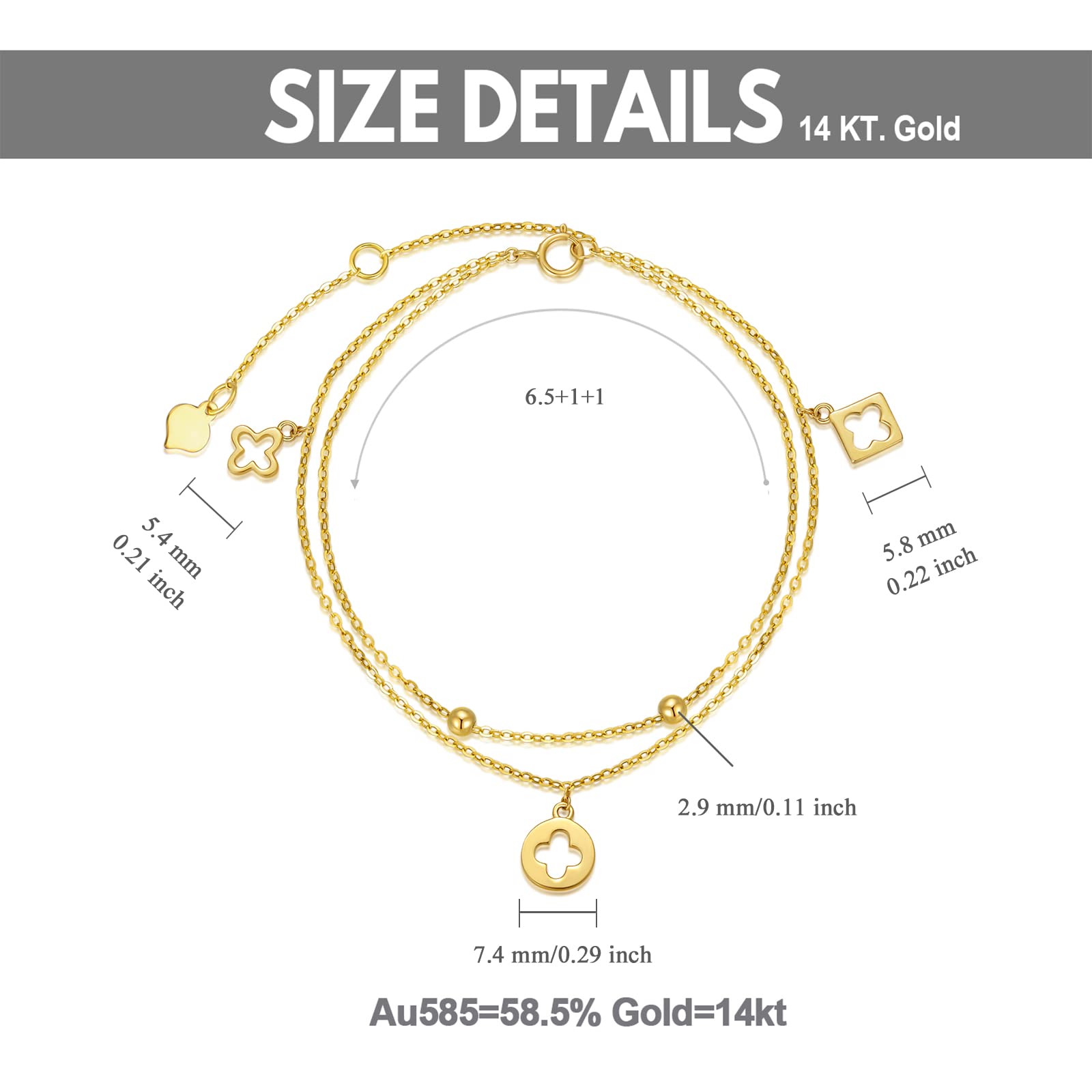 YDD 14K Solid Gold Four Leaf Clover Bracelet for Women Layered Bracelets for Women Gold Beaded Bracelet 6.5+1+1 inch