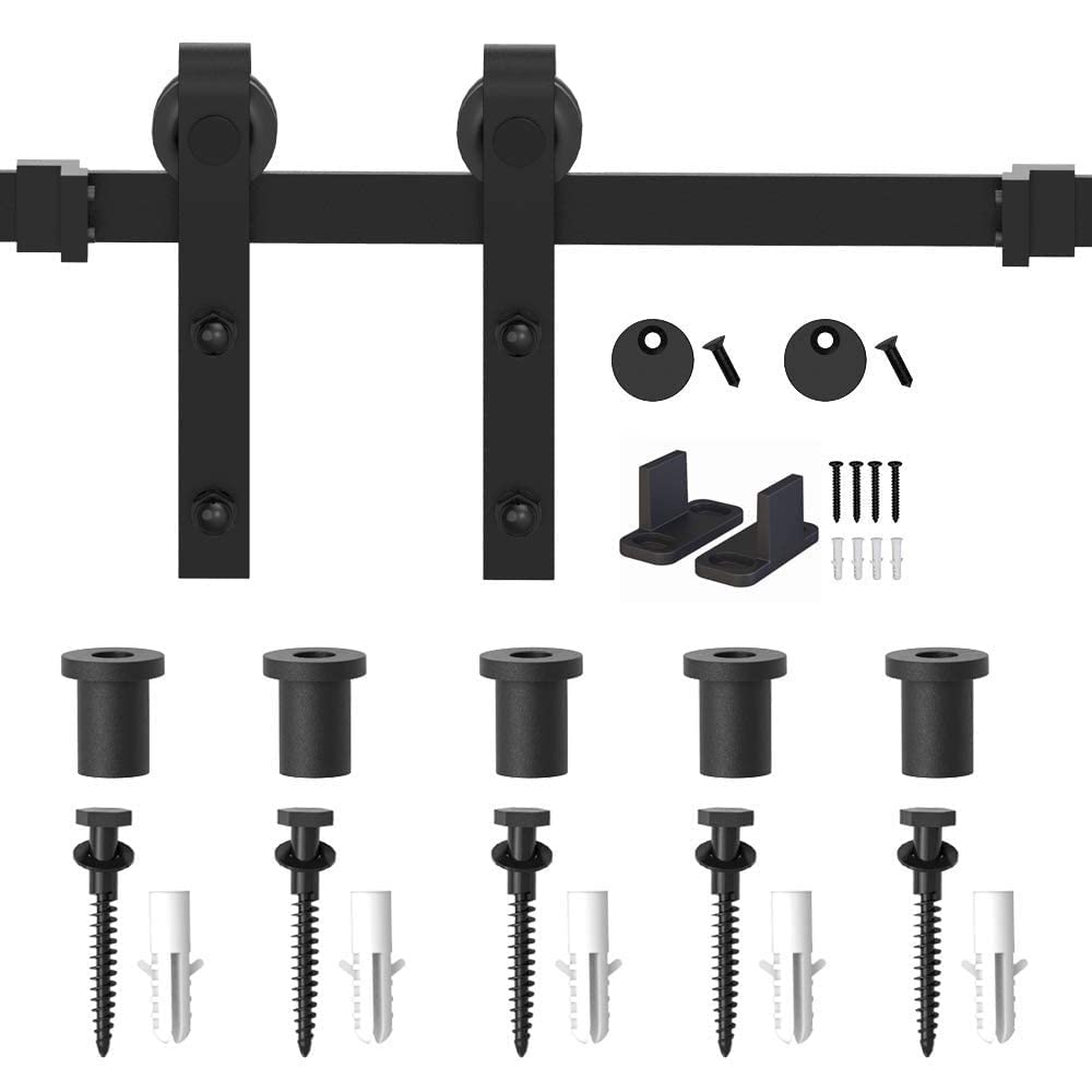 WINSOON 6FT Antique Single Sliding Barn Door Hardware Roller Track Kit Black with 36 x 84 inch Sliding Barn Door