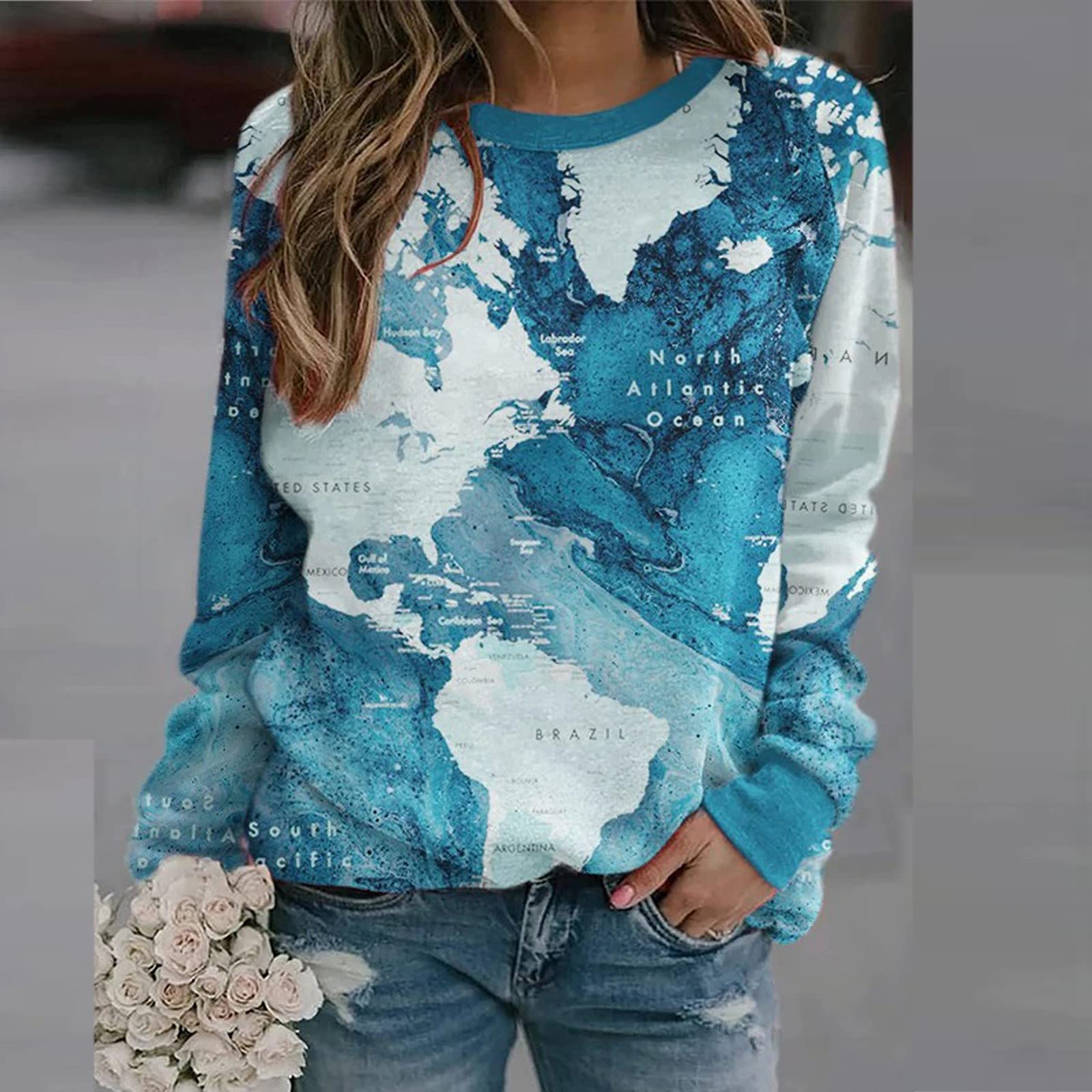 Womens Novelty World Map Print Shirts,Long Sleeve Crewneck Pullover Sweatshirts Thin,Casual Comfy Vintage Graphic Blouse Tops Navy