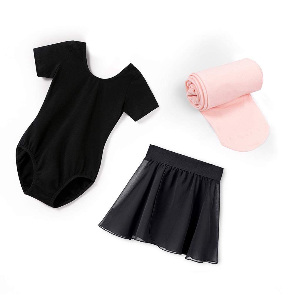 Stelle Girls Short Sleeve Active Dress Ballet Leotard Combo with Dance Skirt and Tight, Coordinated Outfit (02-Black (Pull On), 2-3T)