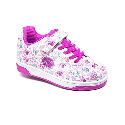 Proskate K-Speed 2 Wheels Skate Sneakers (White, Fuschia, Roses, us_Footwear_Size_System, Little_Kid, Numeric, Medium, Numeric_1)