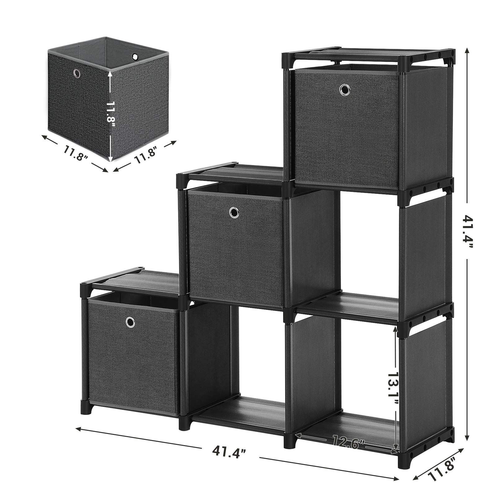 SONGMICS Cube Storage, 6-Cube Bookcase, Ladder Storage Unit with 3 Storage Boxes, DIY Closet Organizer, Sturdy Metal Frame, Includes Rubber Mallet, 41.4 x 11.8 x 41.4 Inches, Black ULSN23BK