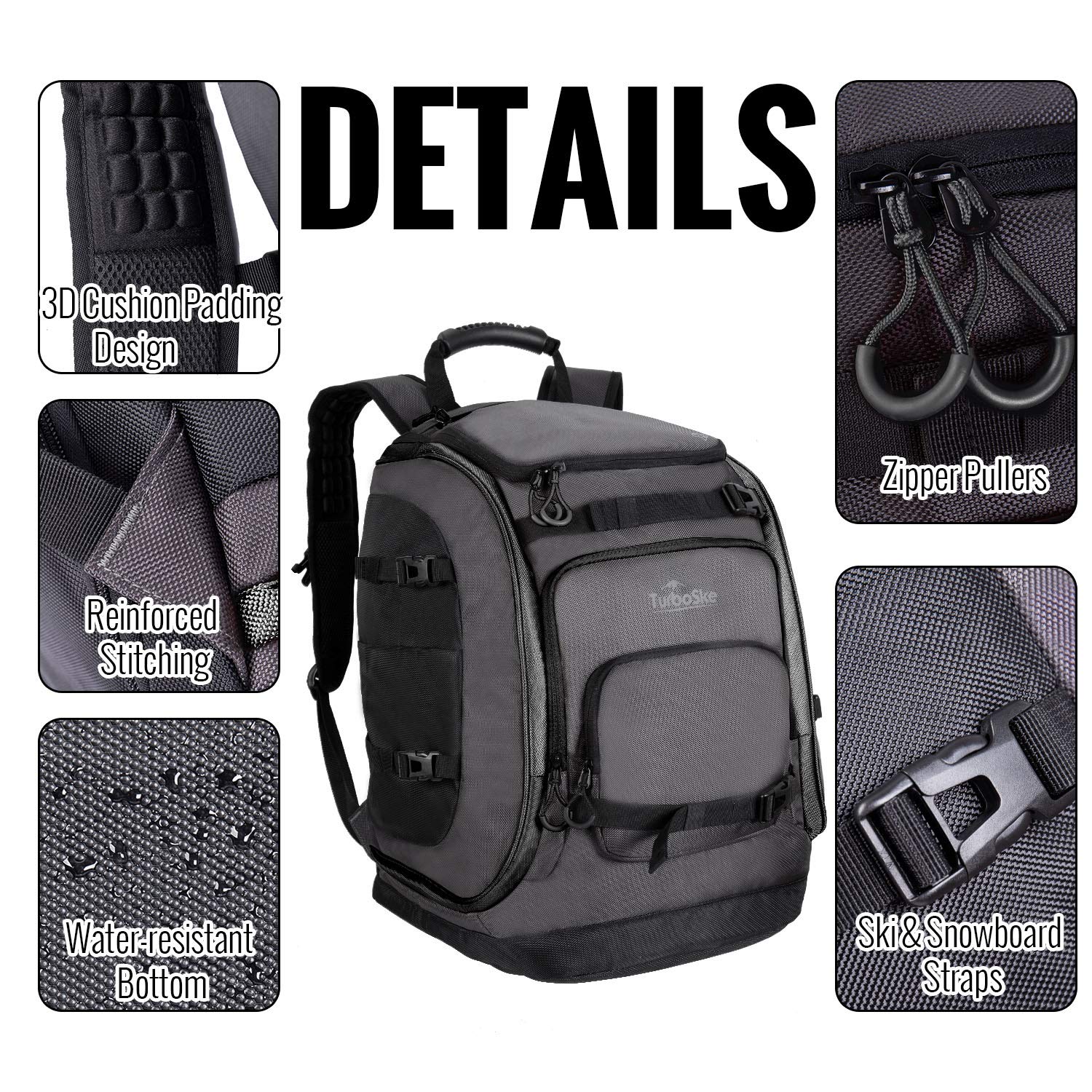 TurboSke Ski Boot Bag Backpack - 65L Waterproof Skiing Snowboarding Travel Luggage Backpack - Stores Boots Skis Snowboard Helmet Goggles Jackets Gloves & Other Accessories for Men & Women (Black)