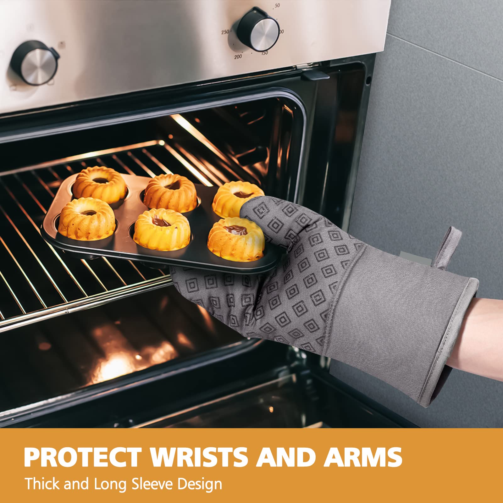 Oven Mitts and Pot Holders Kitchen: 500° Oven Gloves Silicone Ovenmitts Hotpads Set - Quilted Long Kitchen Mittens Potholders Washable Mits Hot Pads Flexibility for Baking