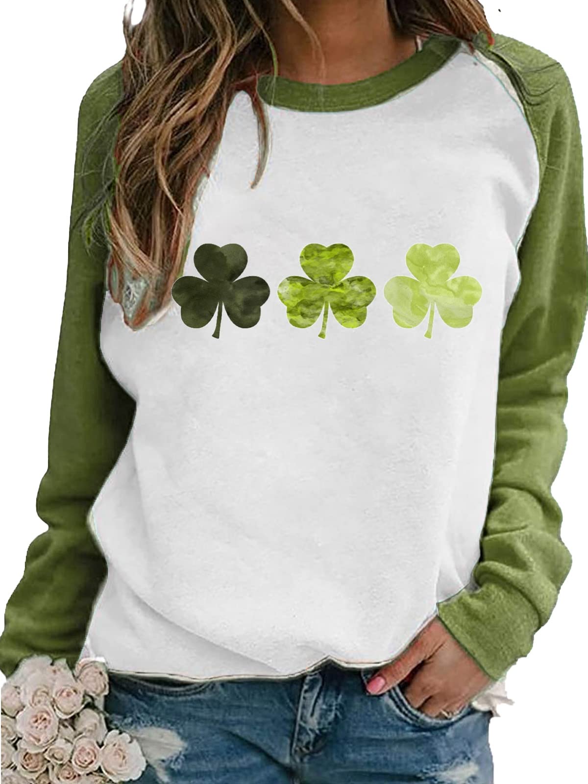 Womens St Patricks Day Shirt, Three Clover Shamrock Long Sleeve Lightweight Sweatshirt for Women (A-Light-Leaves, 2XL)