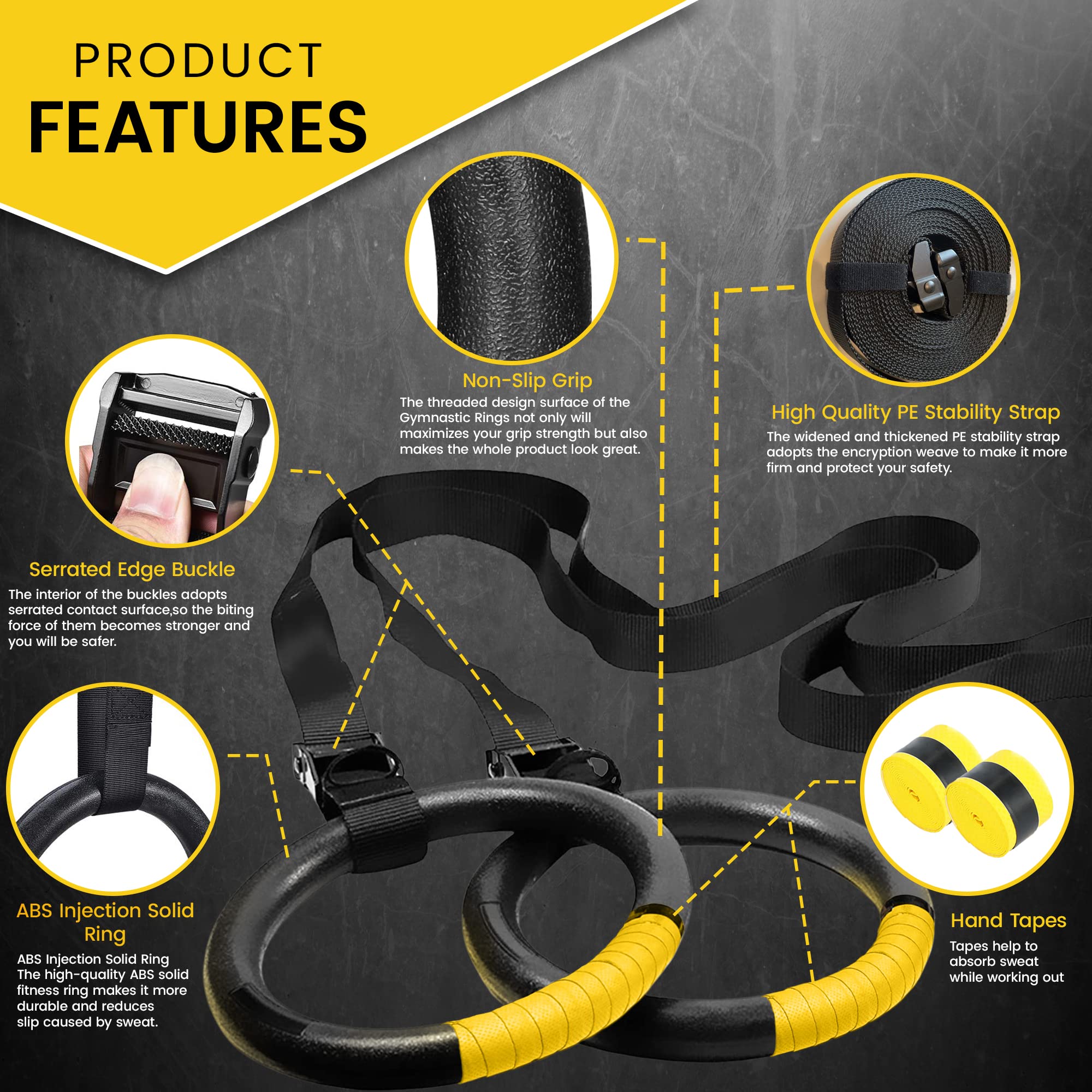 Workout Rings with Adjustable Straps - 15 Feet Long Can Hold Upto 661 Pounds/300 KG - Ideal for Training - Non Slip Tape Grip (Set of 2)