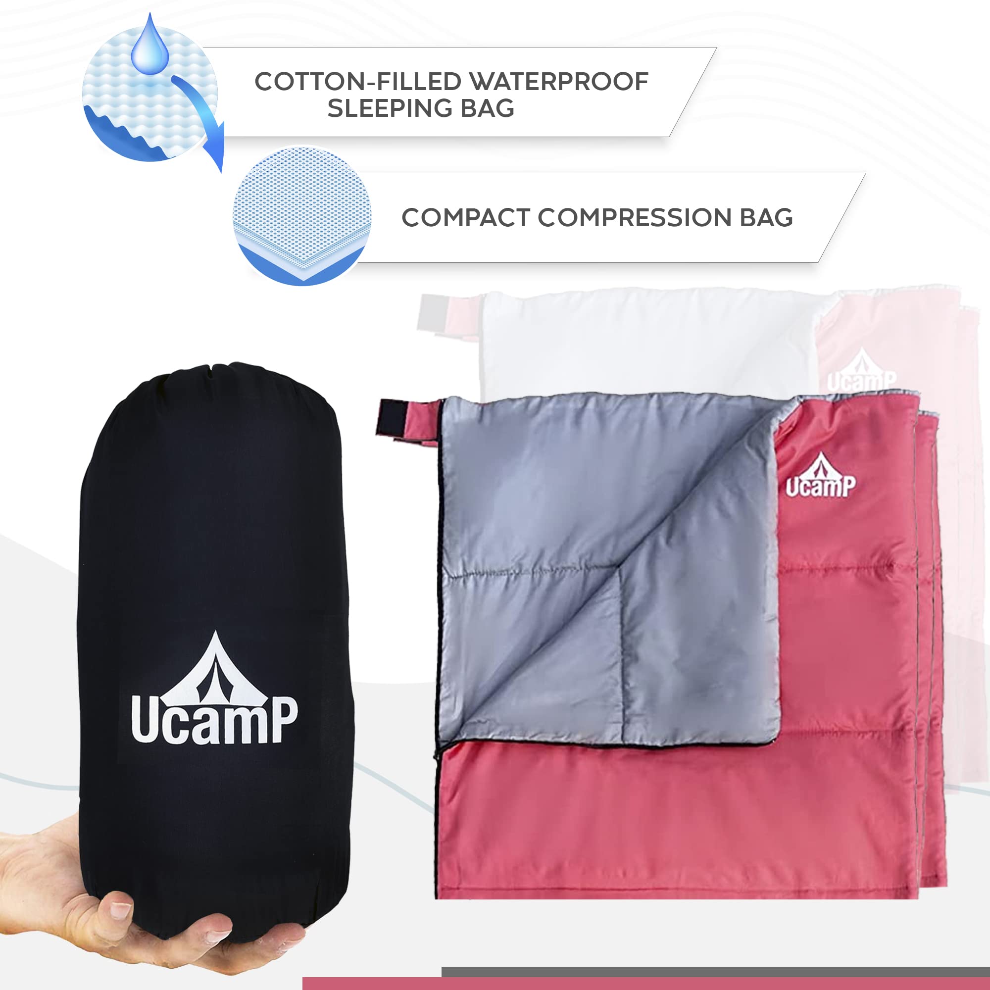 UCAMP Camping Sleeping Bag – 74.8 x 30 Inch Backpacking Sleeping Bag Camping Gear – Warm Weather Waterproof Sleeping Bag – Comfortable and Lightweight – 2 Way Reverse Zippers