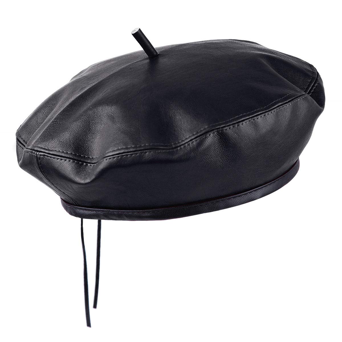 Samtree Classic PU Leather French Beret Hat for Women, Adjustable Solid Color Artist Painter Cap Black