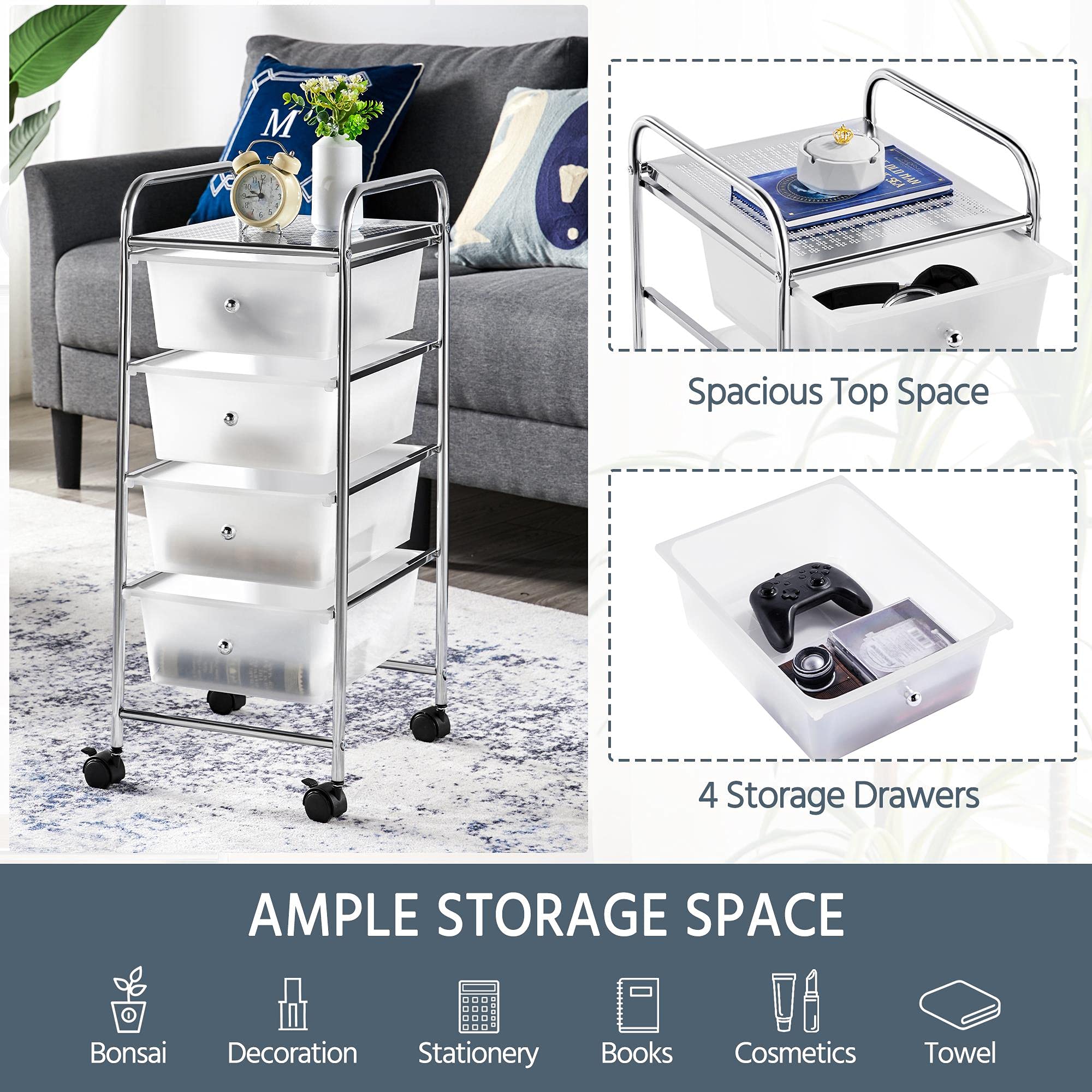 Topeakmart 4 Tier Rolling Storage Cart with Removable Drawers Plastic Trolley Organizer craft cart organizer with drawers 360 Castor Wheels Cart, White