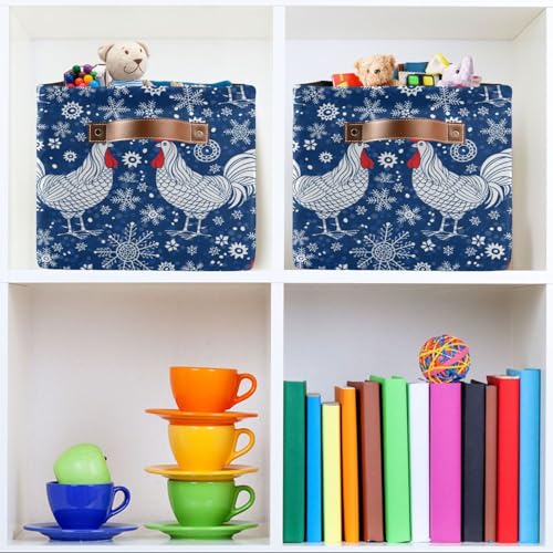 Roosters Farmhouse Snowflakes Storage Basket Bins Collapsible Toy Storage Bins with Handles Laundry Baskets for Playroom Living Bed Room Office Clothes Nursery,1 pcs