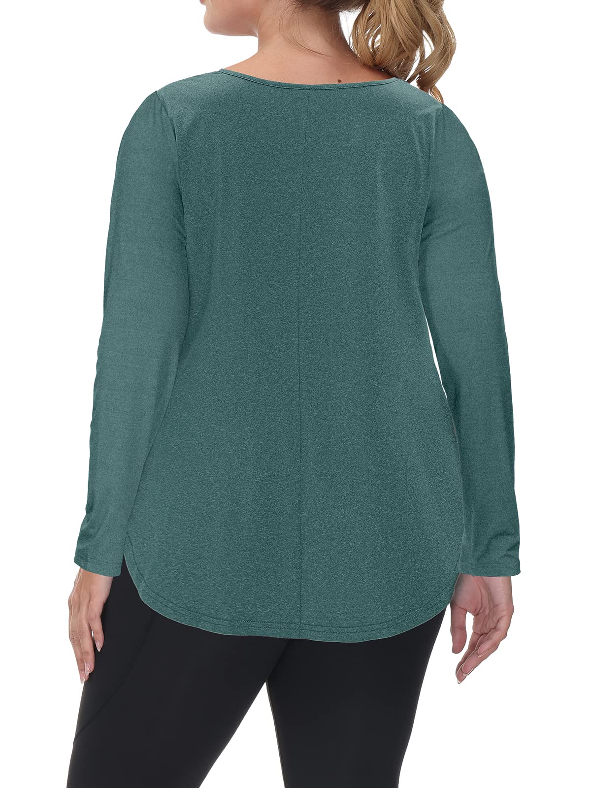 Uoohal Women's Plus Size Long Sleeve Workout Shirts Mesh Quick Dry Side Split Athetic Yoga Gym Tops Blackish Green 4X