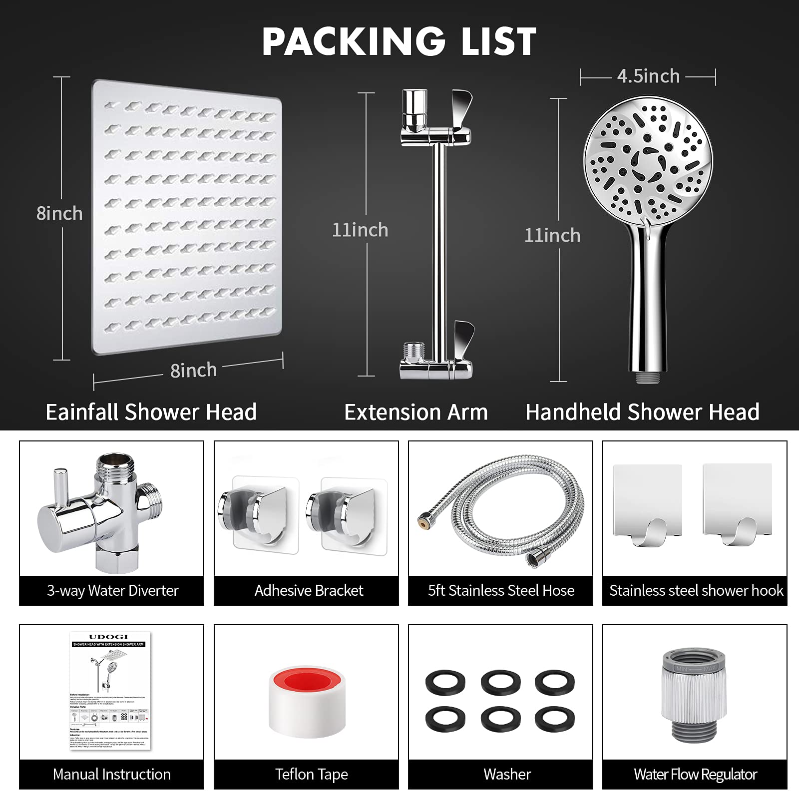 UDOGI Shower Head with Handheld, High Pressure 8" Rain/Rainfall Shower Head Combo with 5FT Stainless Steel Hose, 11" Adjustable Extension Shower Arm, 9 Settings Anti-leak Shower Head with Holder