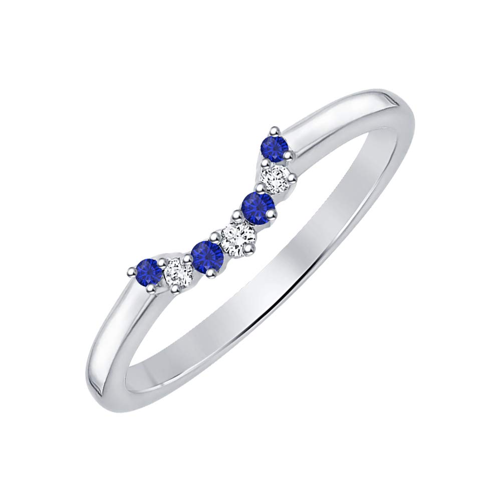 tusakha Round Cut Blue Sapphire & Diamond 14k White Gold Plated Curved Wedding Band Ring for Women