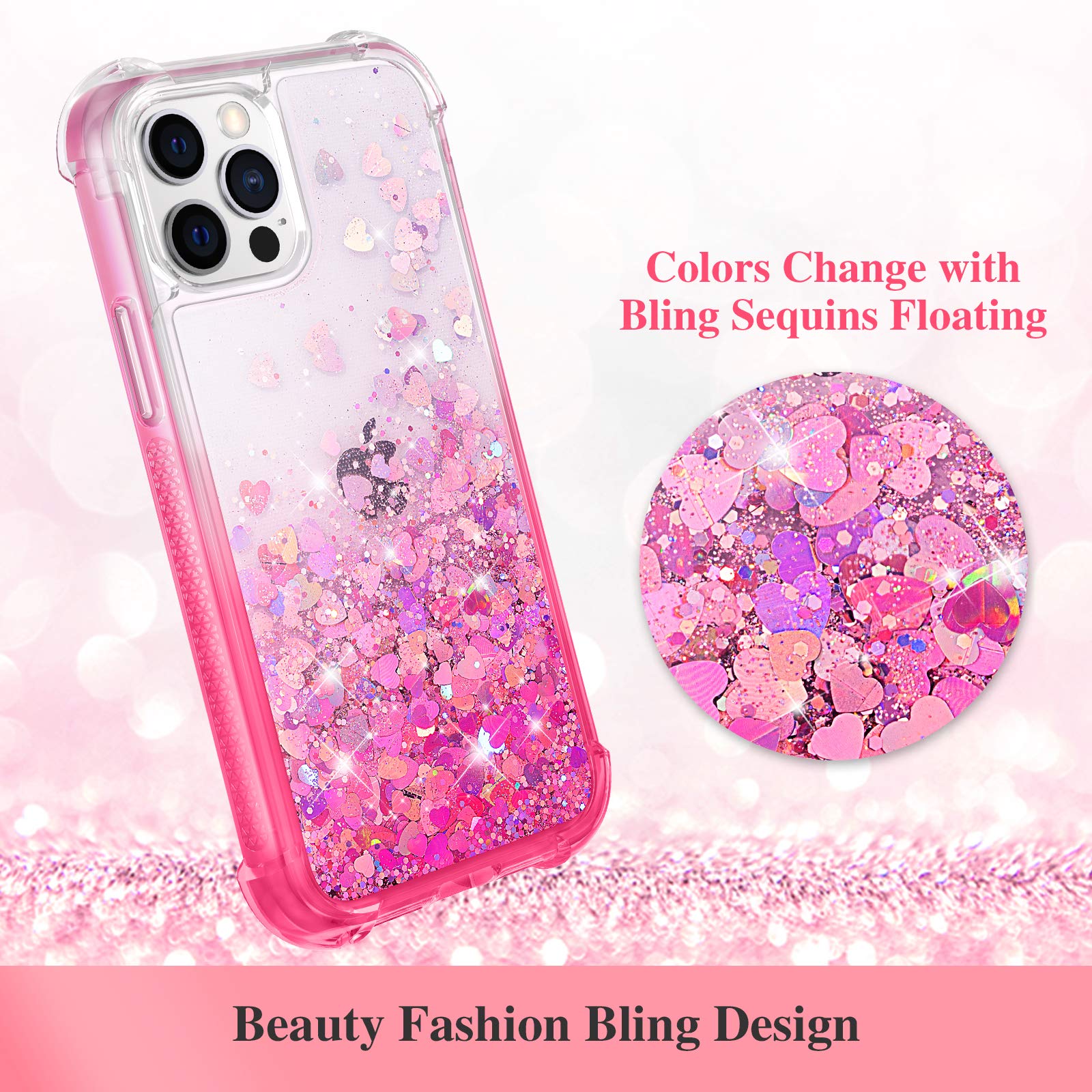 Ruky iPhone 12 Pro Case, iPhone 12 Glitter Case Full Body Rugged Liquid Cover with Built-in Screen Protector Shockproof Girls Women Phone Case for iPhone 12/iPhone 12 Pro 6.1”, Gradient Pink