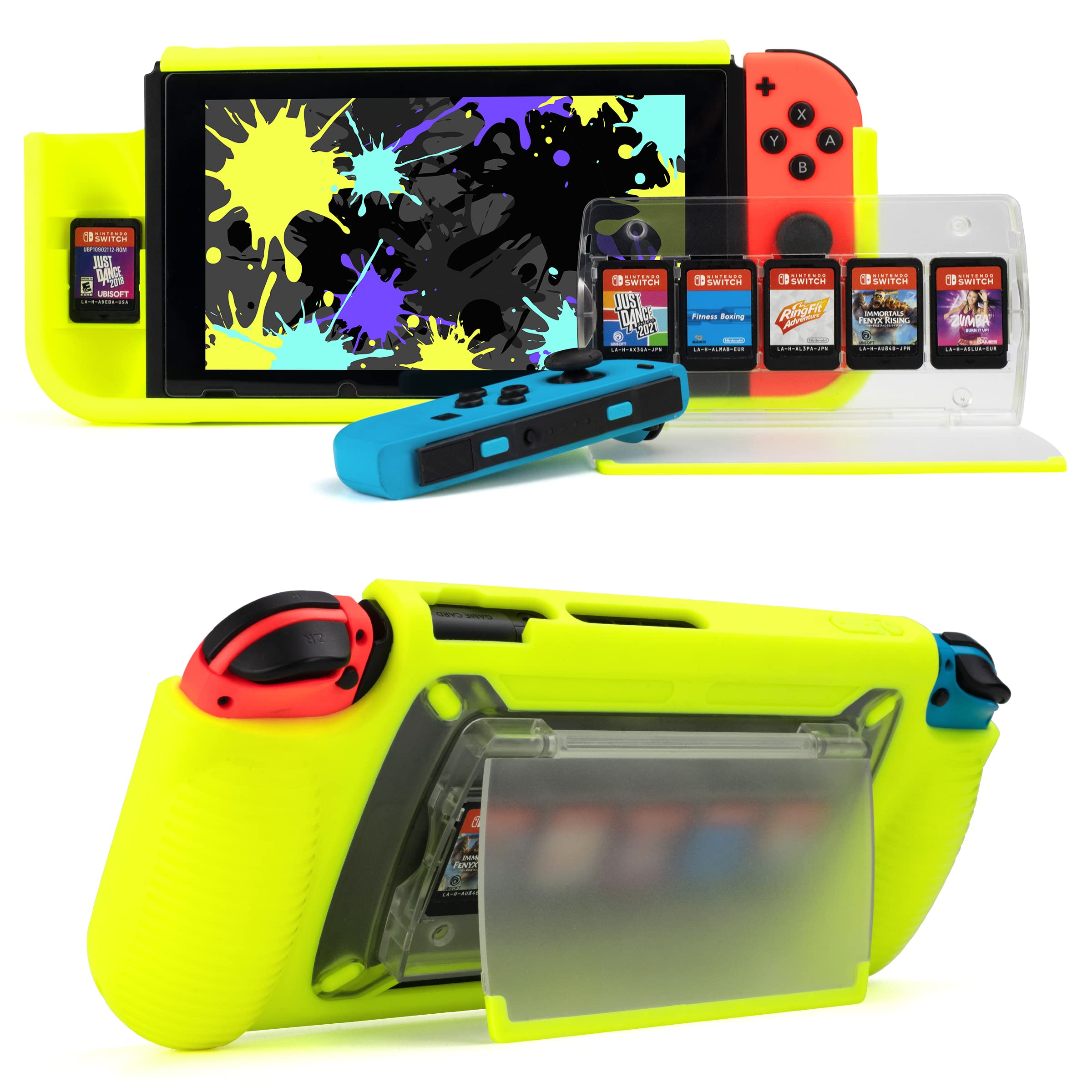 Protective Case for Nintendo Switch, Grip Case with Game Storage, Nintendo Switch with Stand, Nintendo Switch Cover, Neon Yellow