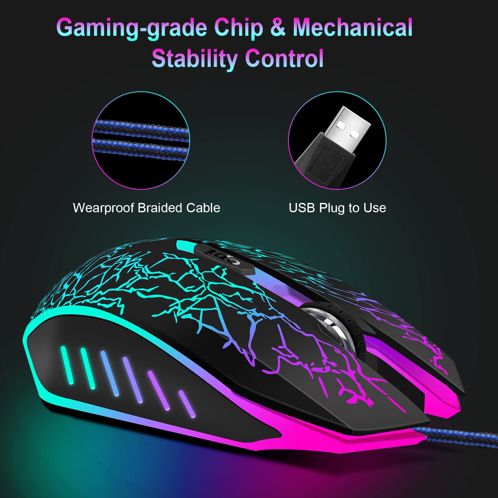 Wired Gaming Mouse , Optical USB Mice for Laptop/desktop, 1200 to 3600 4 Adjustable DPI and RGB light, Ergonomic with 6 Programmable Buttons for Computer Windows 7/8/10/XP Vista Linux Chromebook PC