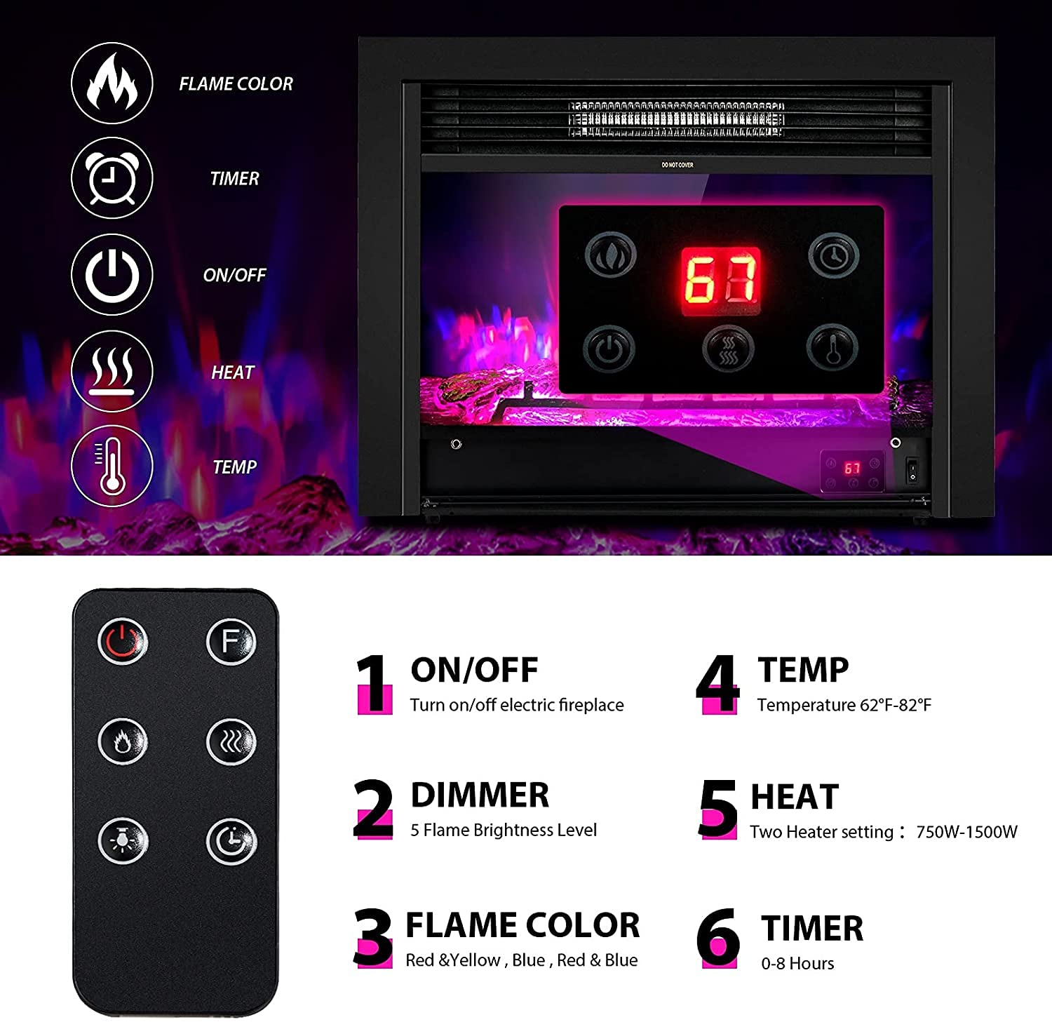 Topment 28.5" Recessed Electric Fireplace, Freestanding Fireplace Insert with Touch Screen Control Panel, Remote Control, Over-Heating Protection, 750-1500W Recessed in-Wall Heater with Timer