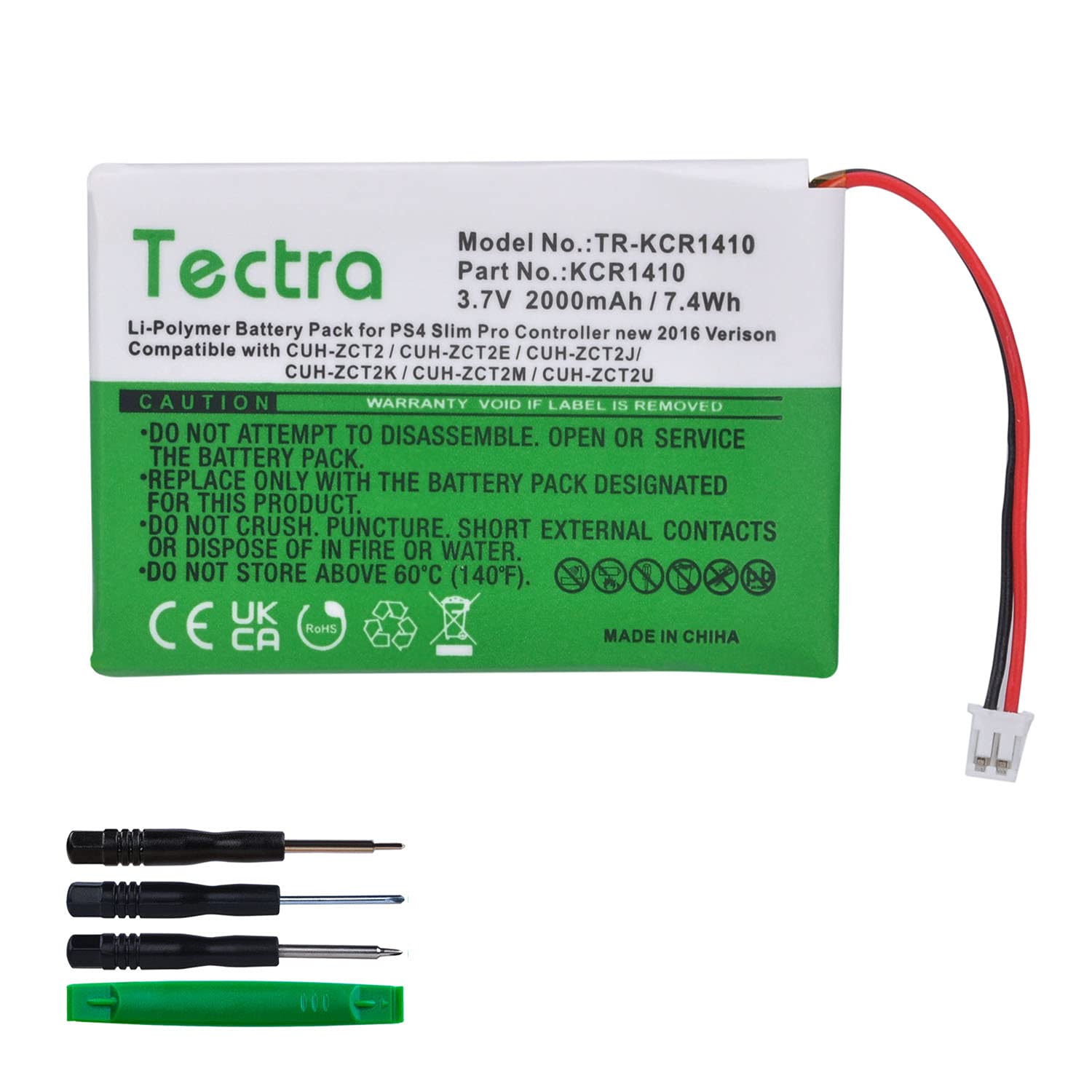Tectra 3.7V 2000mAh KCR1410 Battery for Sony PS4 Slim/Pro Wireless Dual Shock Controller CUH-ZCT2, CUH-ZCT2U, New 2016 Version (Small Plug)