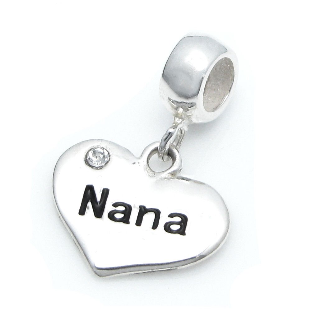 Queenberry Sterling Silver Nana Heart Love Cubic Zirconia Crystal Dangle Bead For European Charm Bracelets