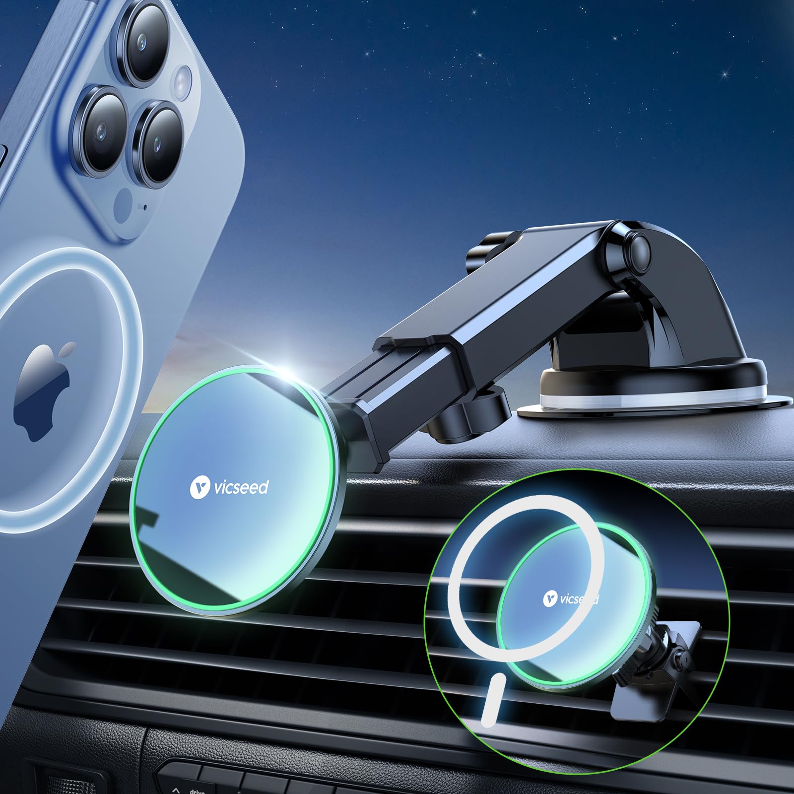 VICSEED for MagSafe Car Mount Dash - [8lbs Powerful Magnets][Long Arm Adjustable] Magnetic Phone Holder for Car Phone Mount for Car 3 in 1 Car Phone Holders for iPhone 15/14/13/12 All Phones
